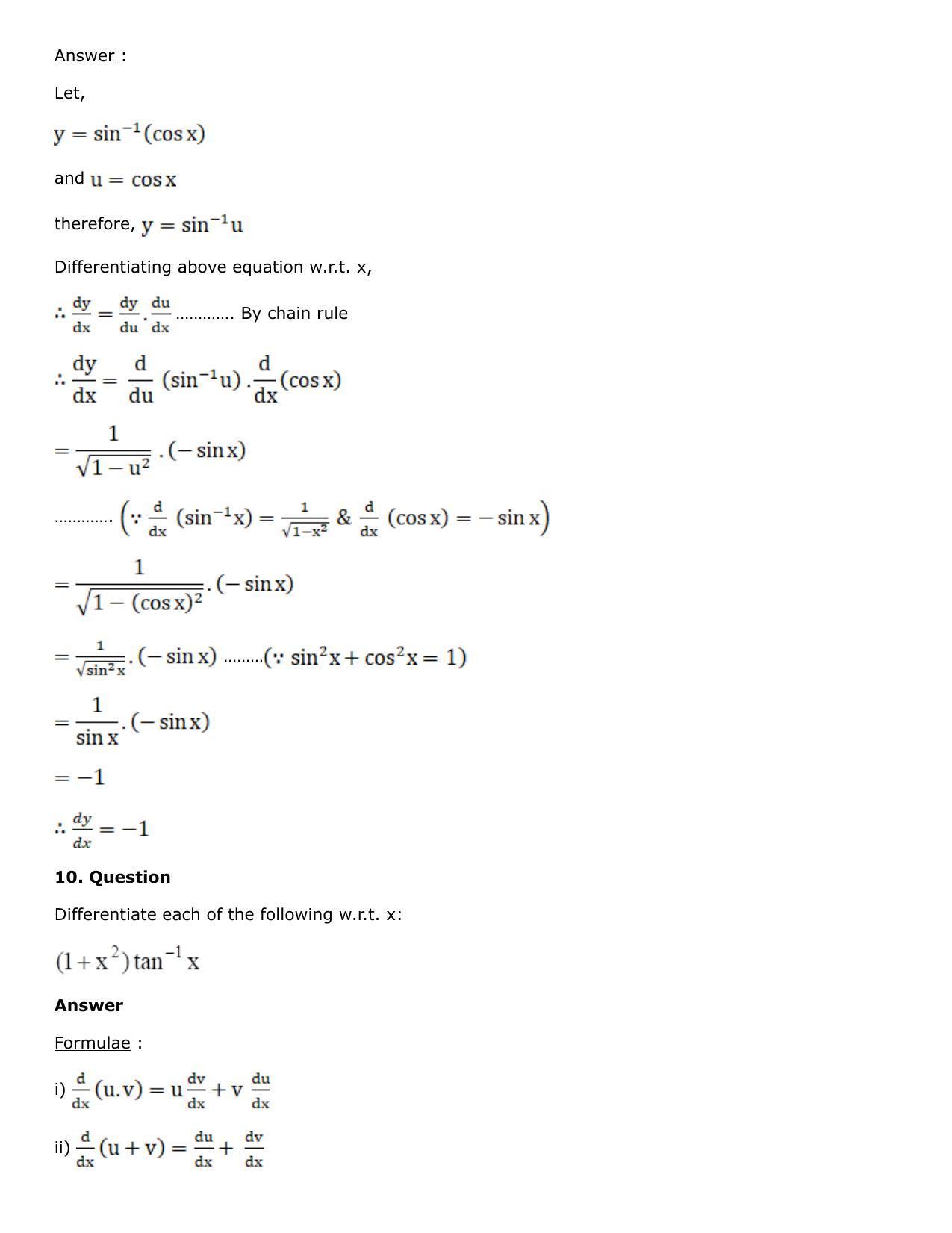 RS Aggarwal Solutions for 12th Class Maths Chapter 10-Differentiation ...