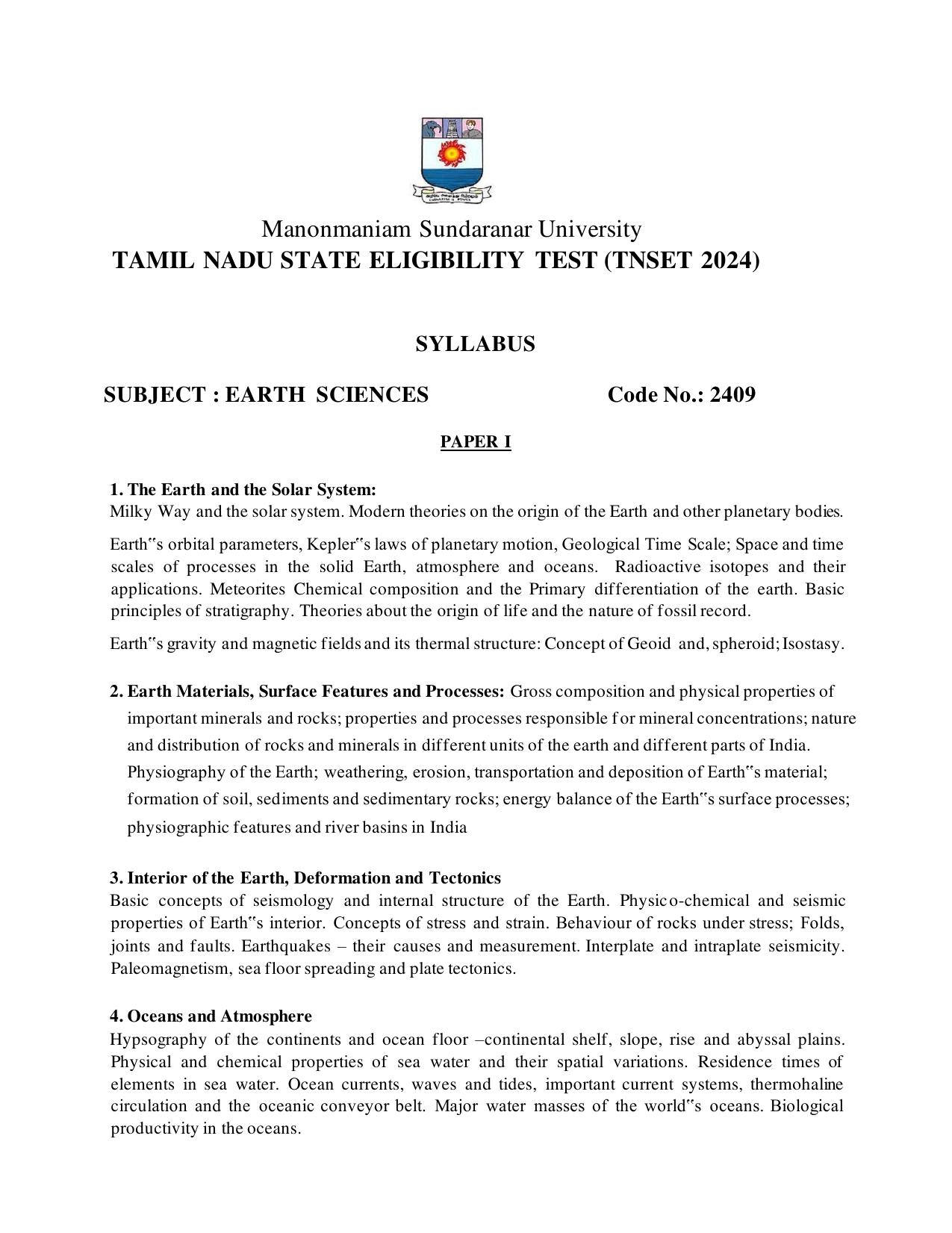 TNSET Syllabus - Earth Sciences - IndCareer Docs