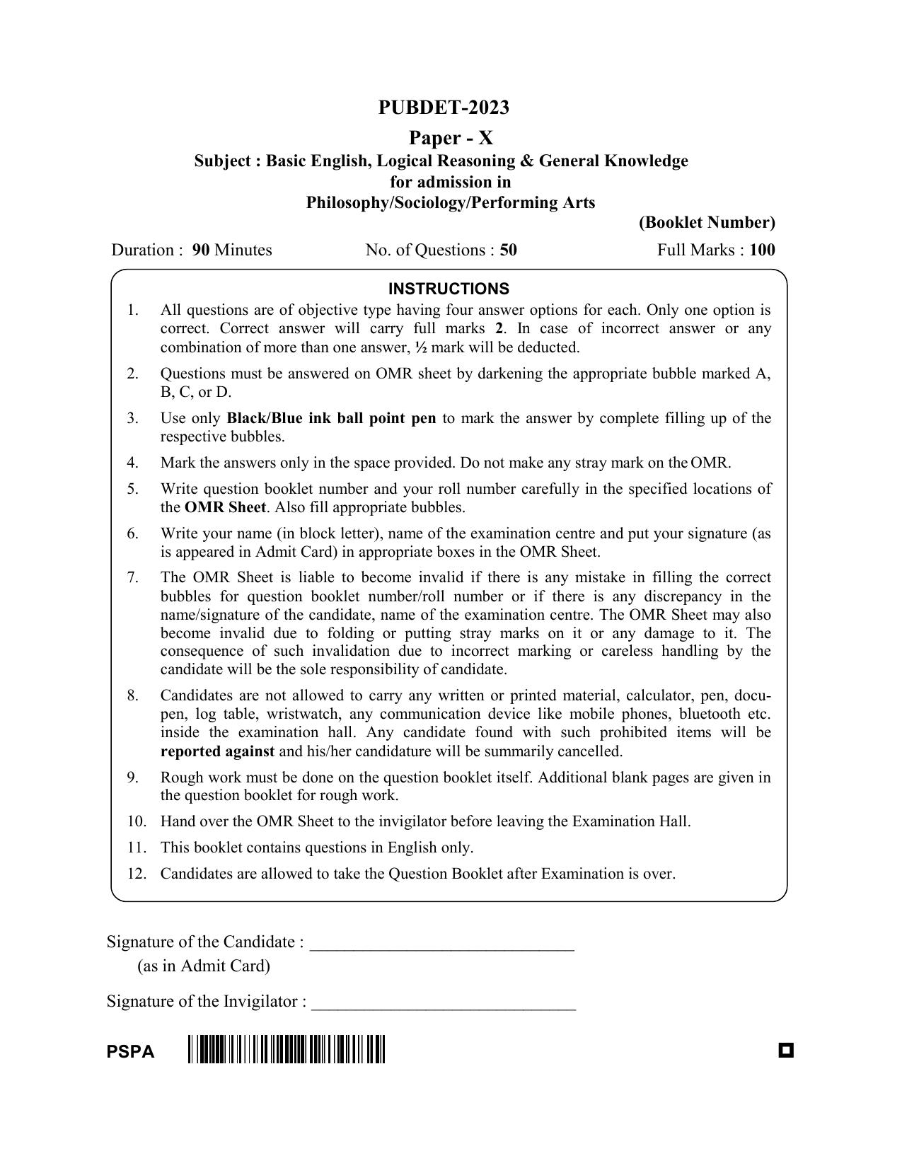 WB PUBDET 2023 Paper X (Philosophy Sociology Performing Arts) Question ...