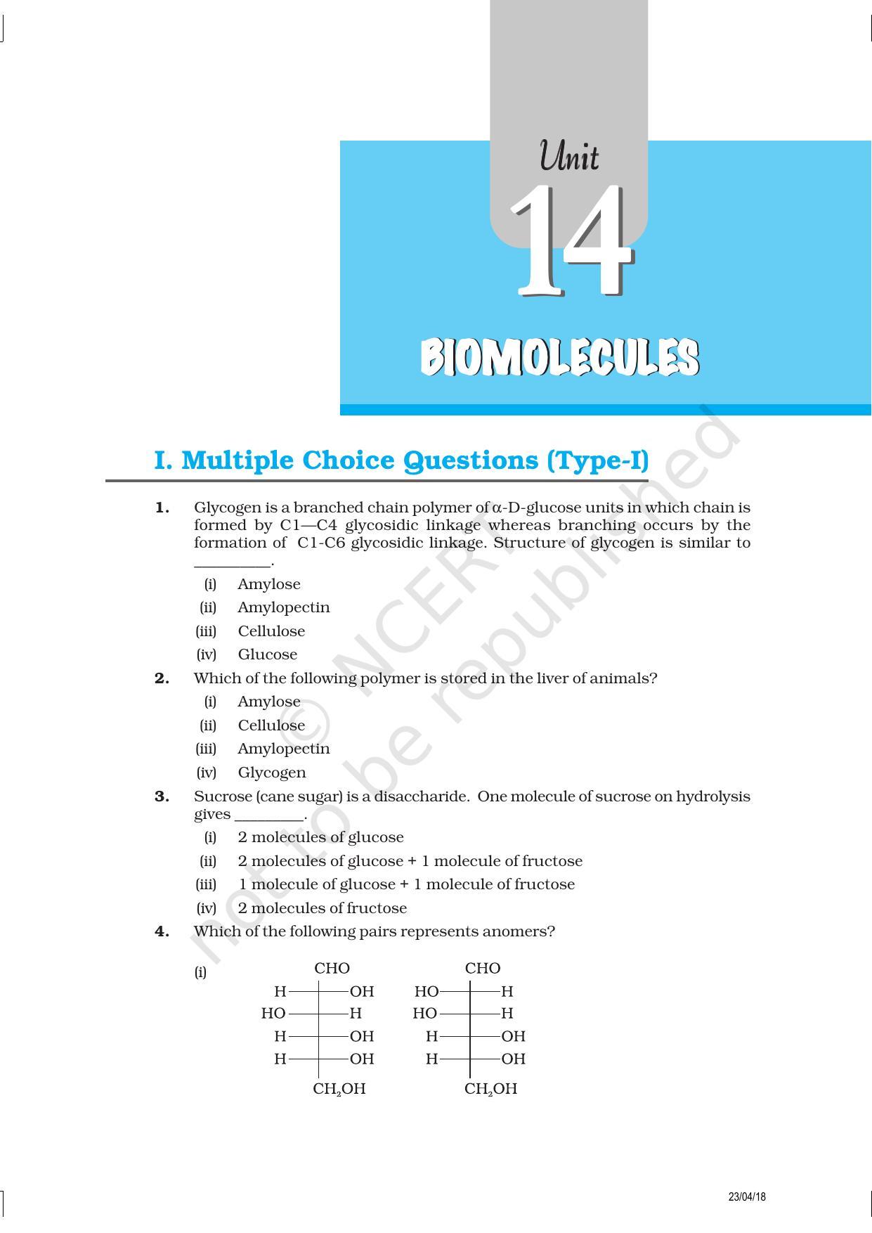 NCERT Exemplar Book for Class 12 Chemistry Chapter 14 Biomolecules