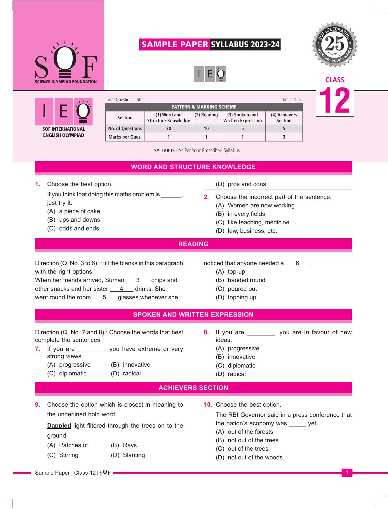 SOF IEO Class 12 (2023-2024) Sample Paper - IndCareer Docs