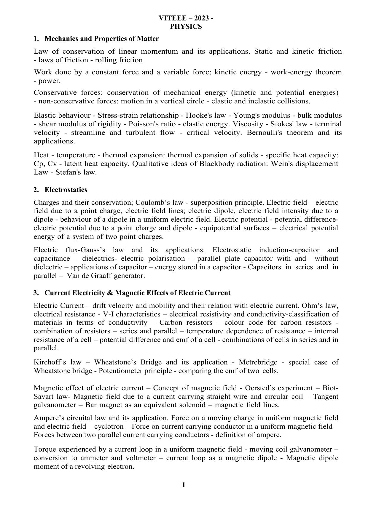 VITEEE Syllabus - Physics - IndCareer Docs