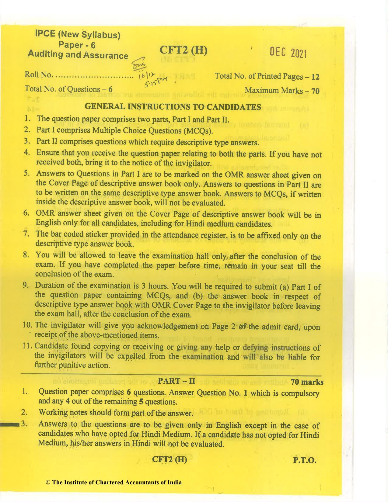 CA Inter Dec 2021 Question Paper - Paper 6 – Auditing and Assurance ...