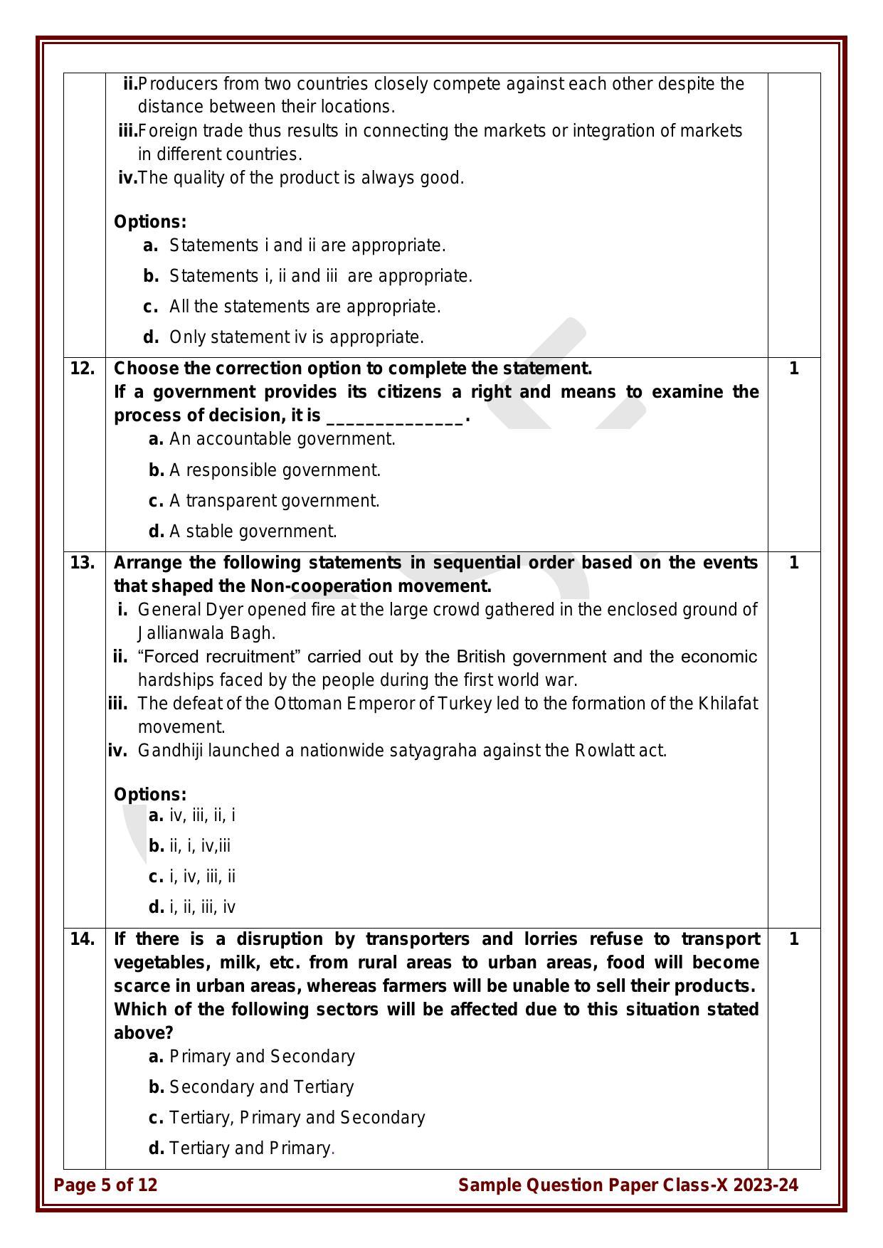 CBSE Class 10 Social Science Sample Paper 2024 - IndCareer Schools