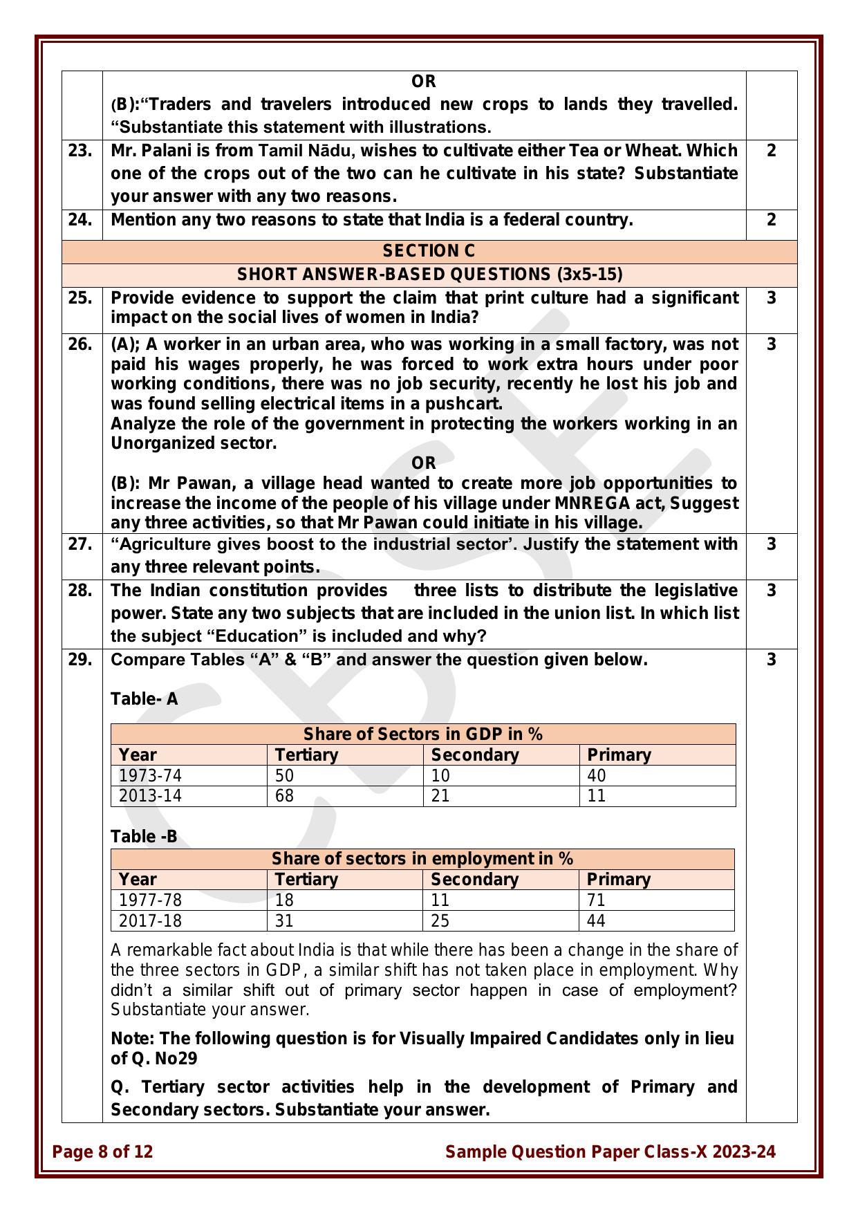 CBSE Class 10 Social Science Sample Paper 2024 - IndCareer Schools