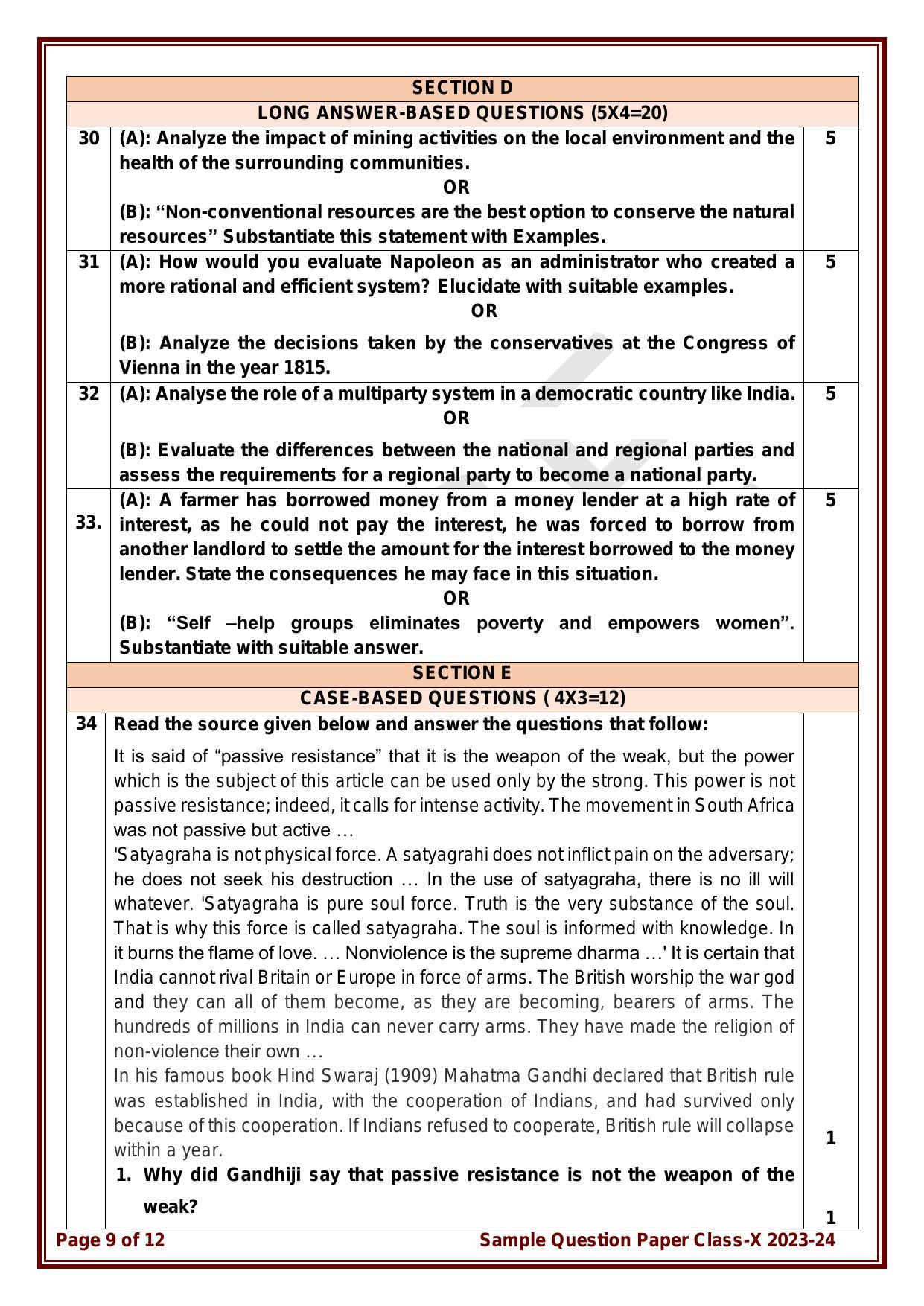 CBSE Class 10 Social Science Sample Paper 2024 - IndCareer Schools