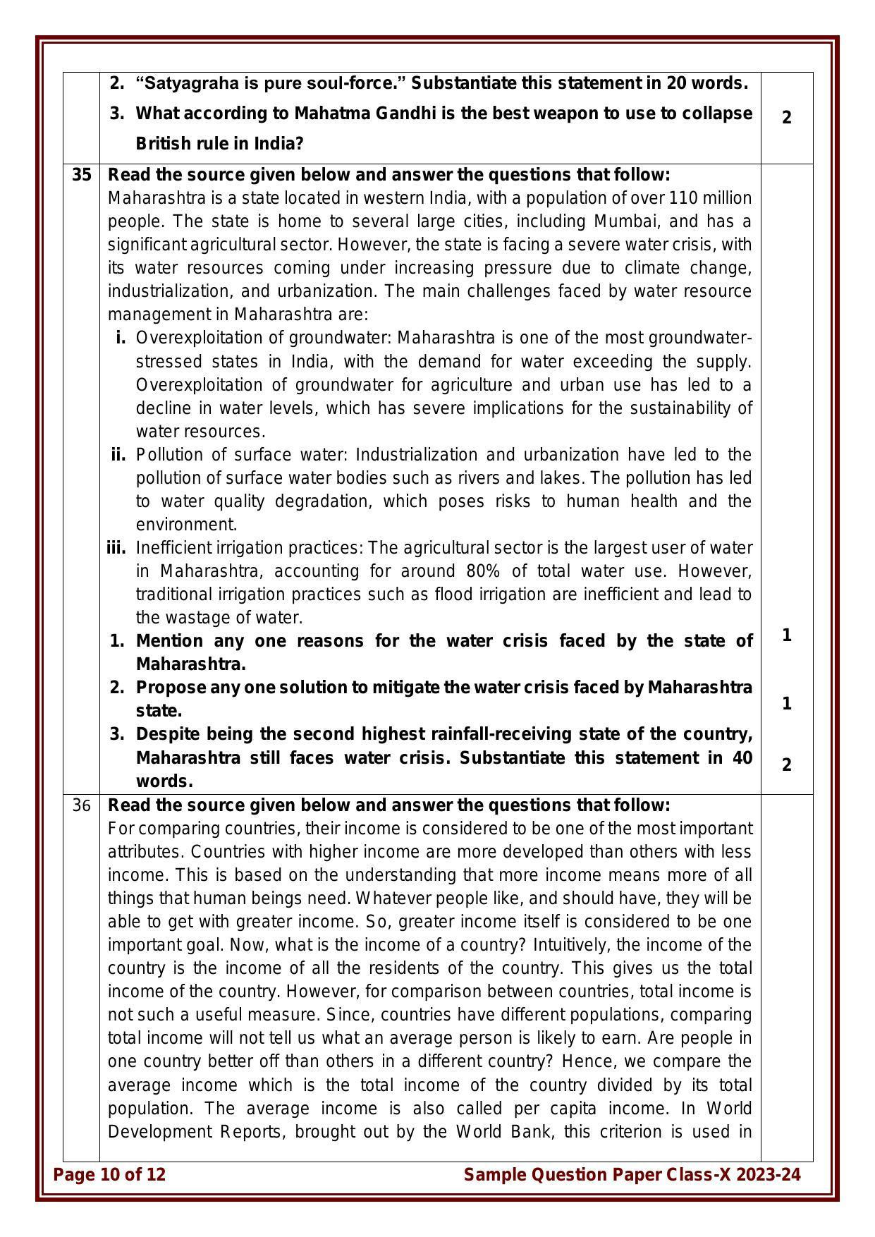 CBSE Class 10 Social Science Sample Paper 2024 - IndCareer Schools