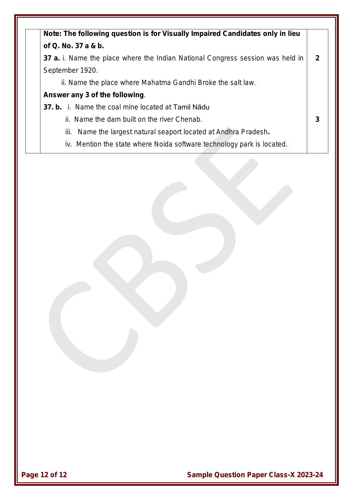 CBSE Class 10 Social Science Sample Paper 2024 - IndCareer Schools