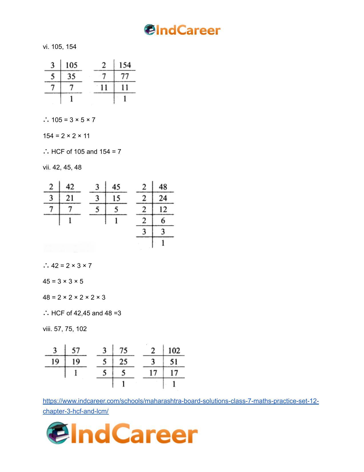 Maharashtra Board Solutions Class 7-Maths (Practice Set 12): Chapter 3- HCF and LCM - IndCareer Docs