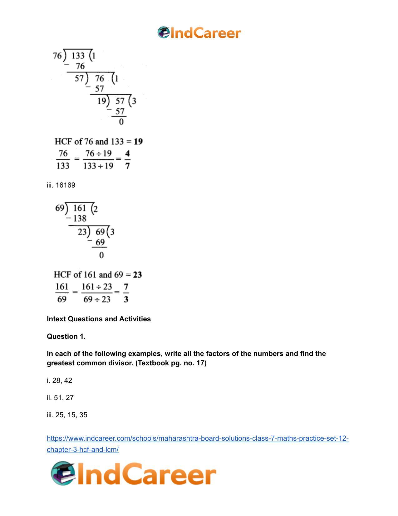 Maharashtra Board Solutions Class 7-Maths (Practice Set 12): Chapter 3- HCF and LCM - IndCareer Docs