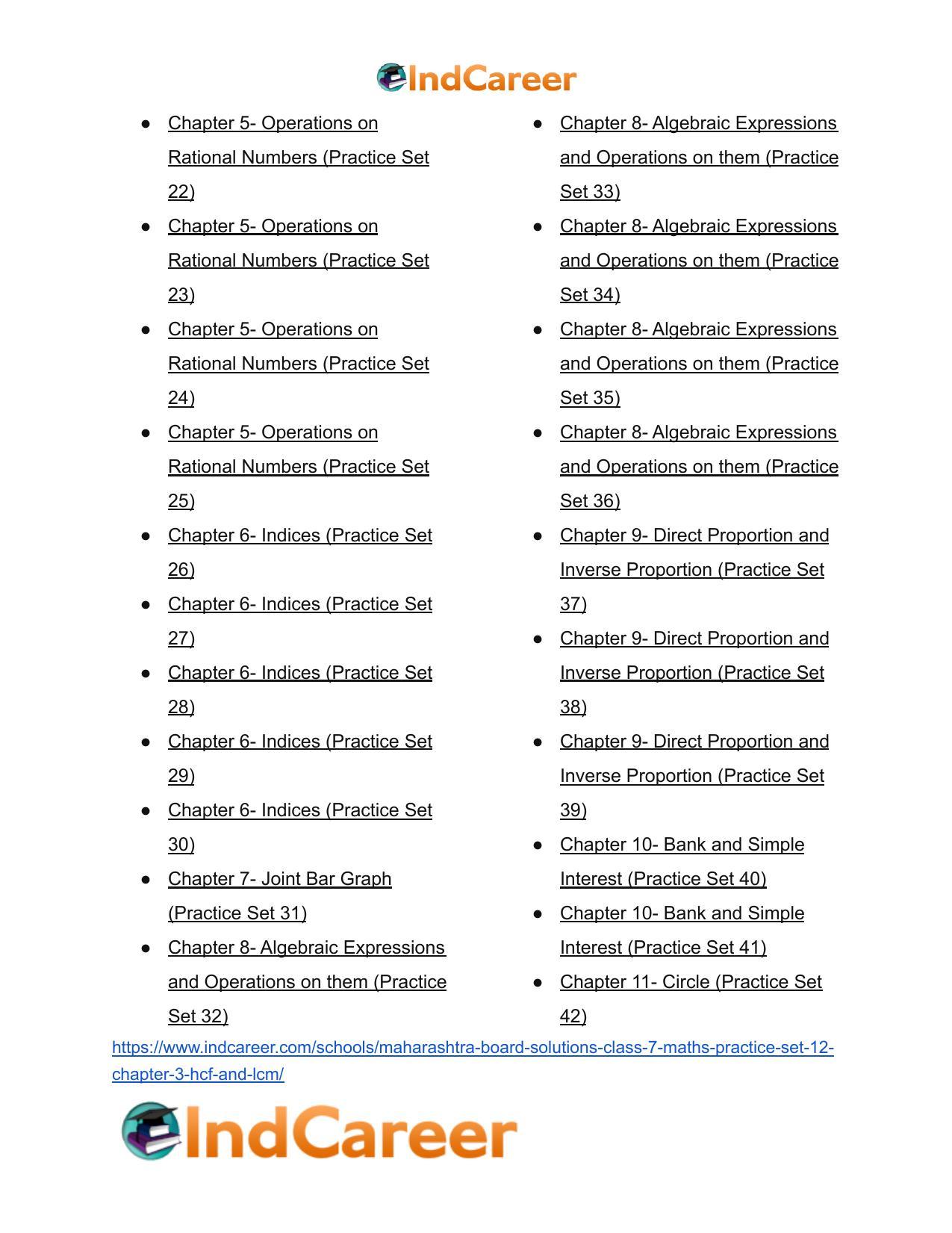 Maharashtra Board Solutions Class 7-Maths (Practice Set 12): Chapter 3- HCF and LCM - IndCareer Docs