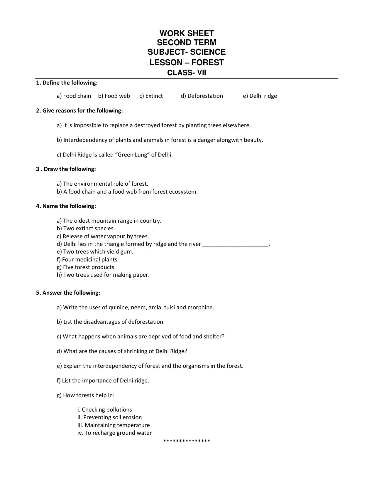 CBSE Worksheets for Class 7 Science Forest Assignment - IndCareer Docs