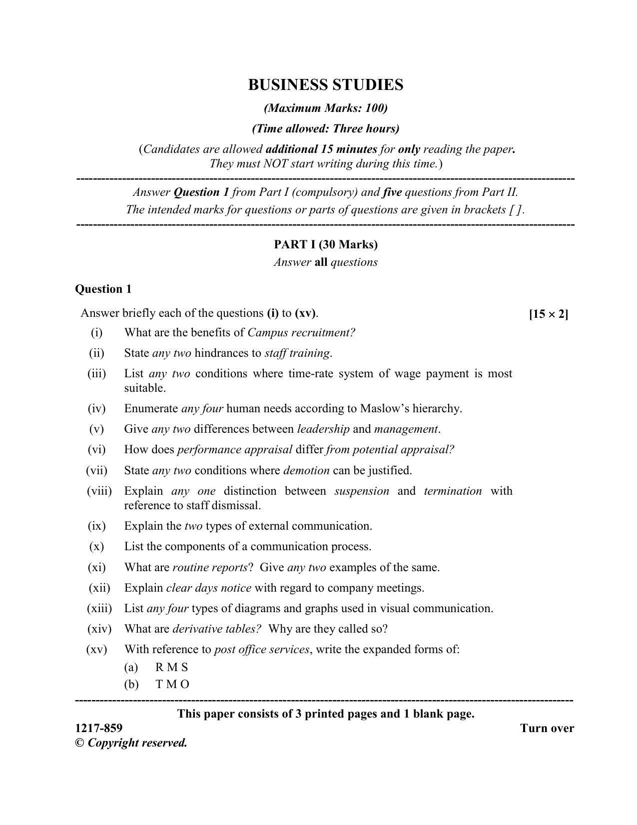 ISC Class 12 2017 BUSINESS STUDIES Question Paper - IndCareer Docs