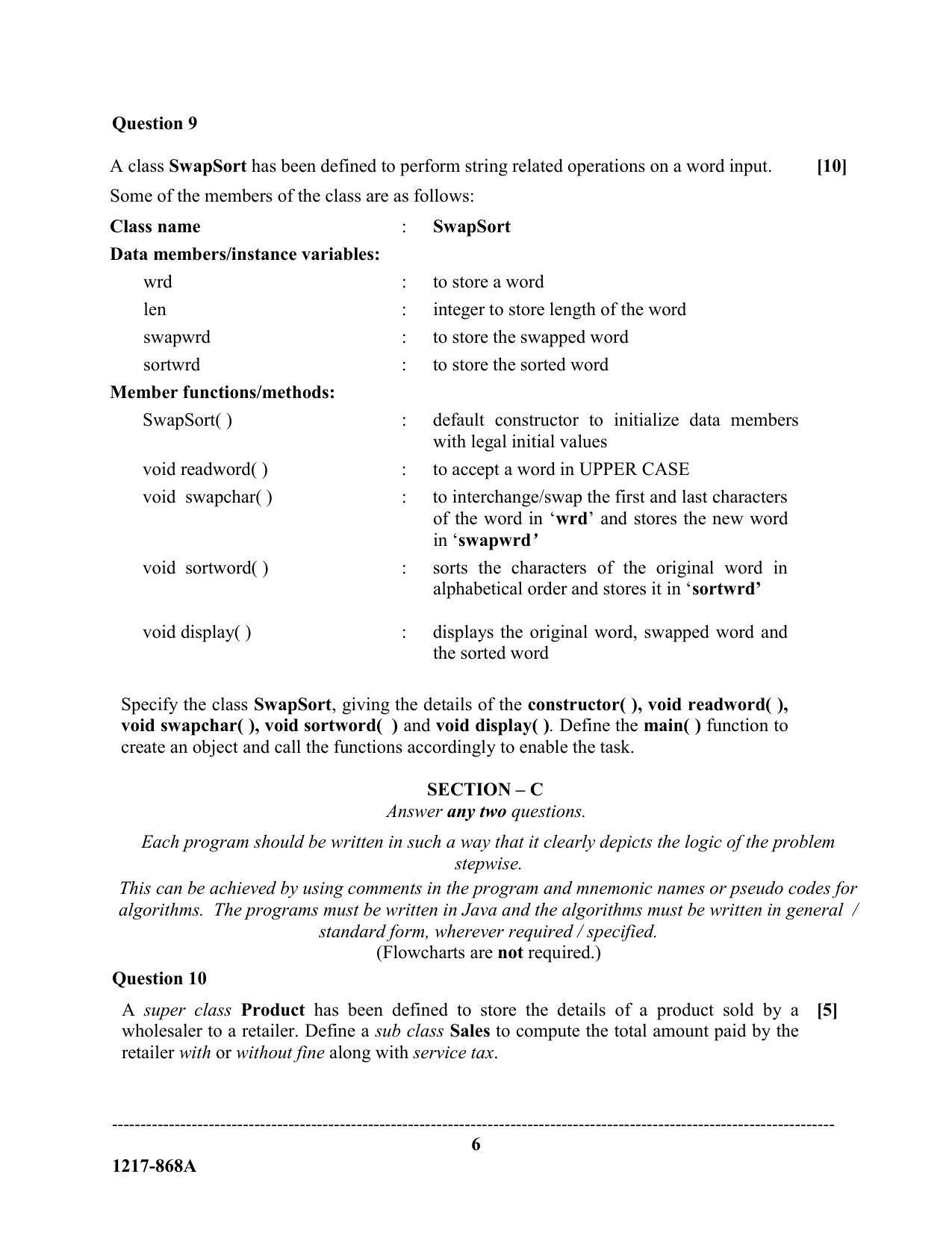 ISC Class 12 2017 COMPUTER SCIENCE PAPER 1 (THEORY) Question Paper ...