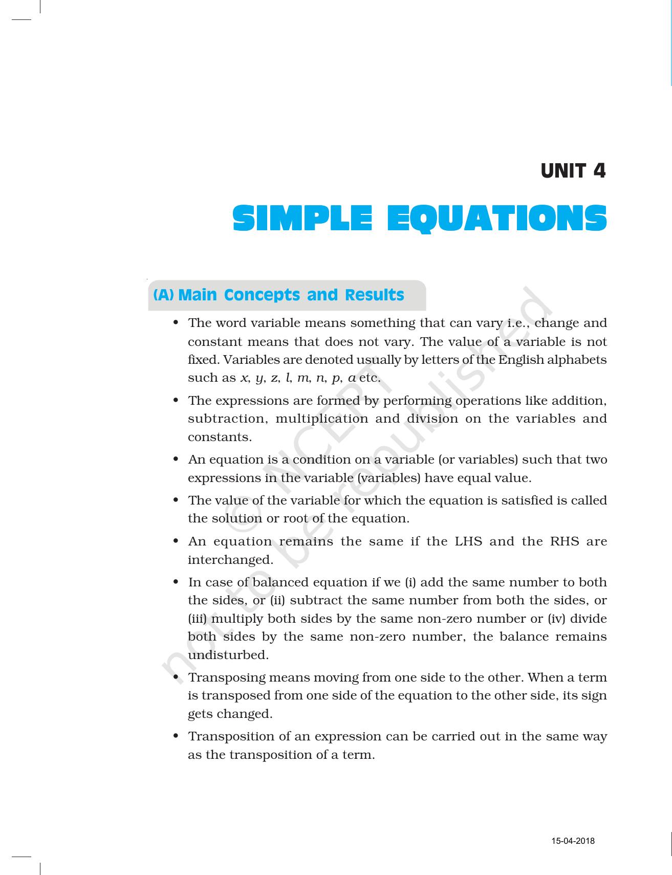 NCERT Exemplar Book for Class 7 Maths Chapter 4- Simple Equations