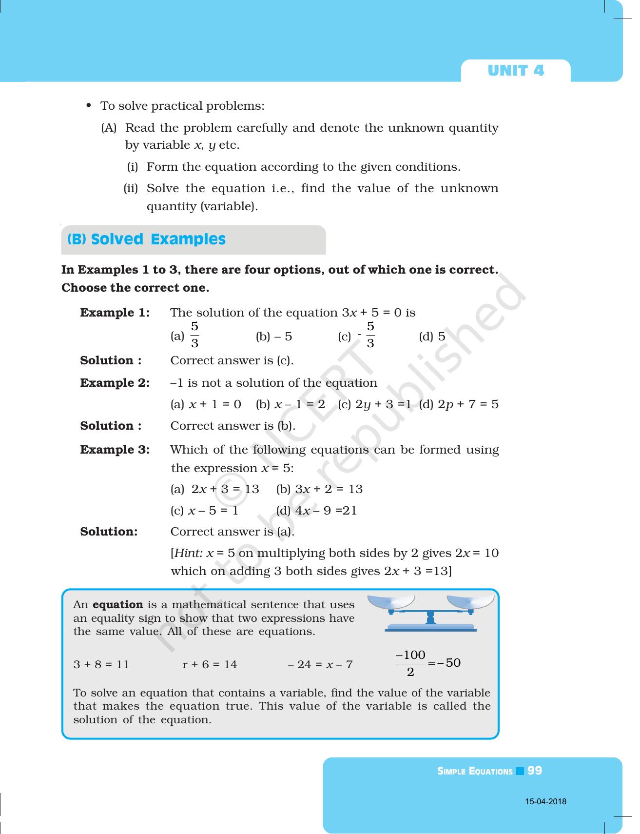 NCERT Exemplar Book for Class 7 Maths Chapter 4- Simple Equations