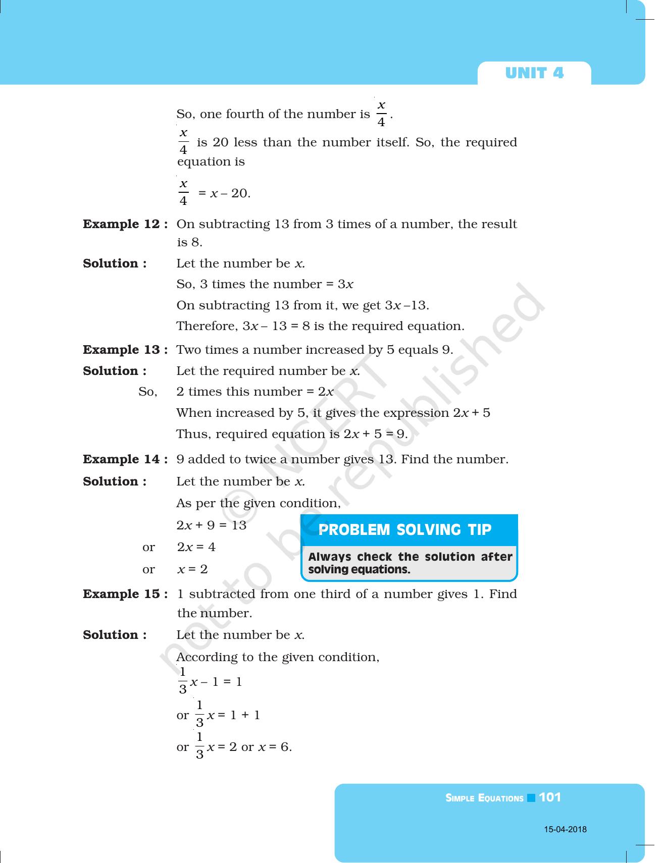 NCERT Exemplar Book for Class 7 Maths Chapter 4- Simple Equations