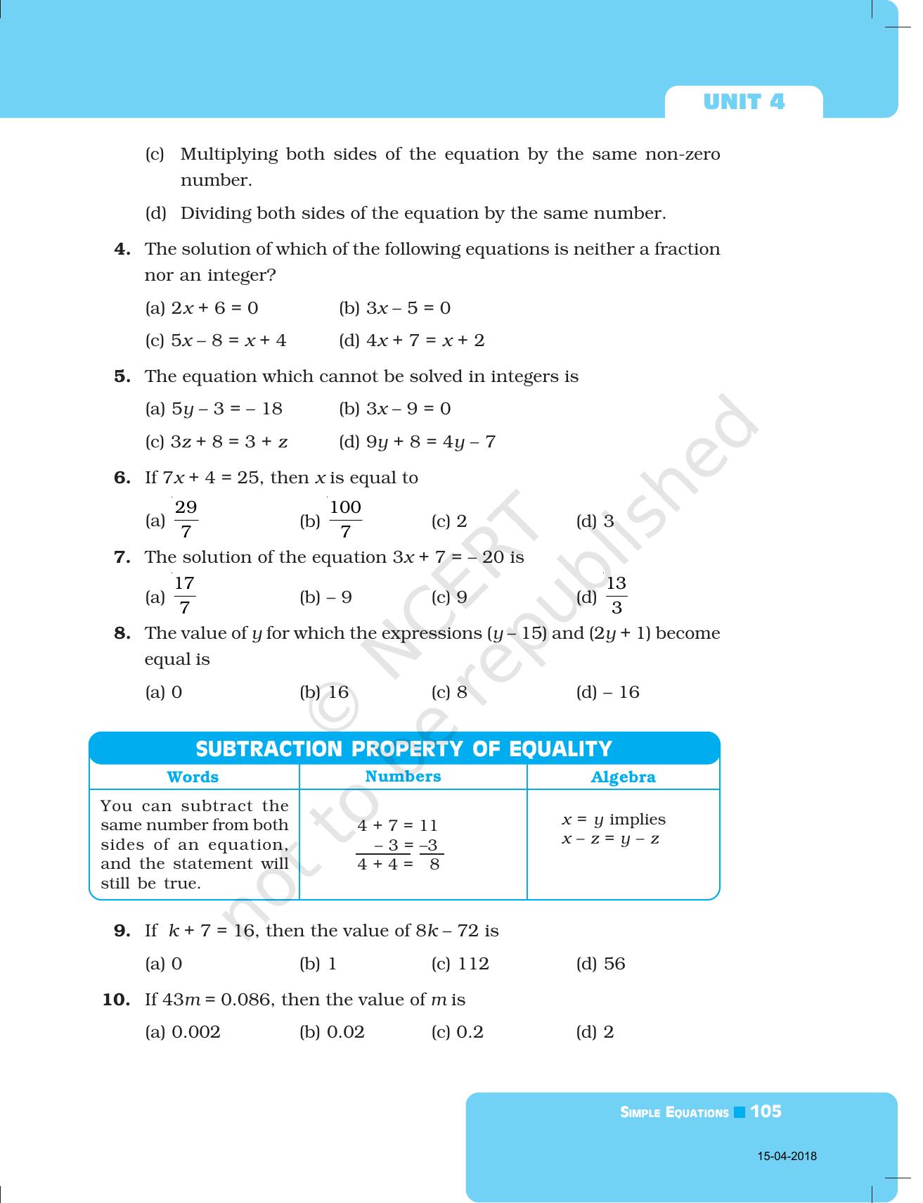 NCERT Exemplar Book for Class 7 Maths Chapter 4- Simple Equations
