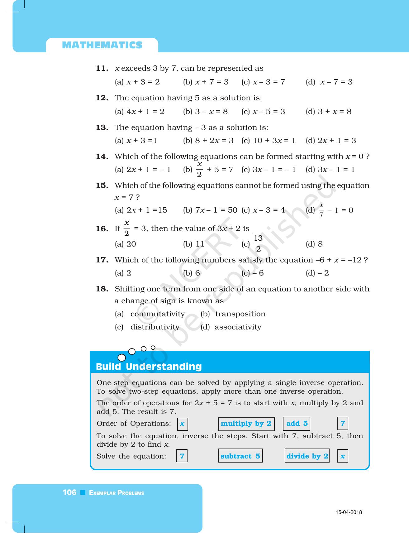 NCERT Exemplar Book for Class 7 Maths Chapter 4- Simple Equations