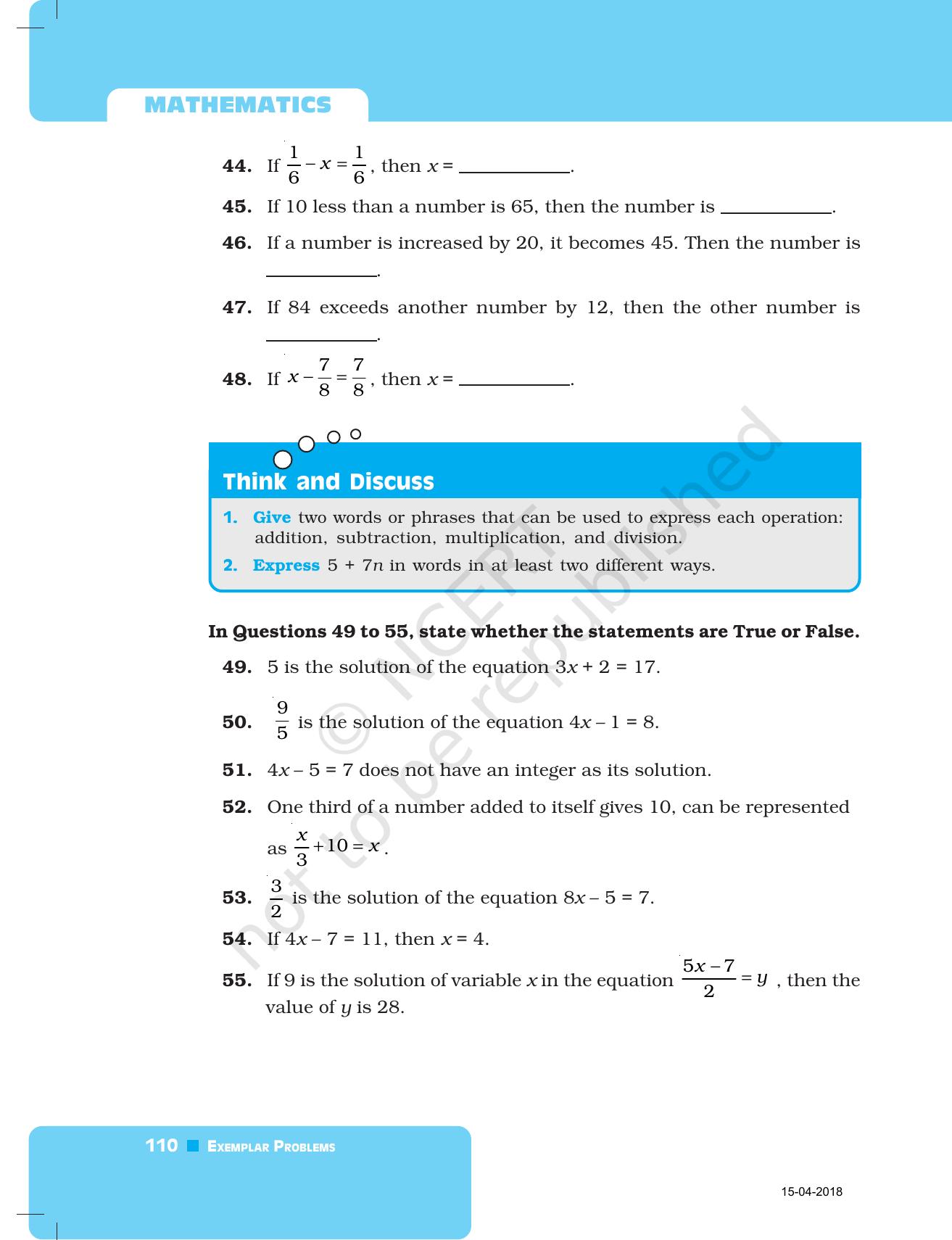 NCERT Exemplar Book for Class 7 Maths Chapter 4- Simple Equations