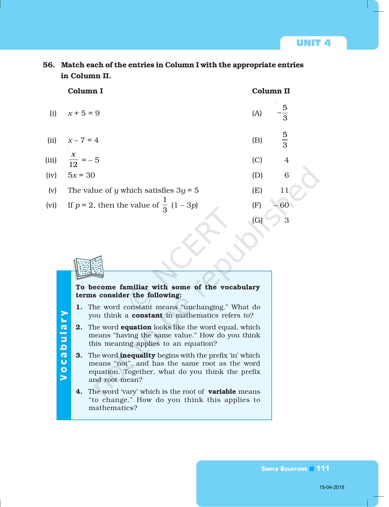 NCERT Exemplar Book for Class 7 Maths Chapter 4- Simple Equations