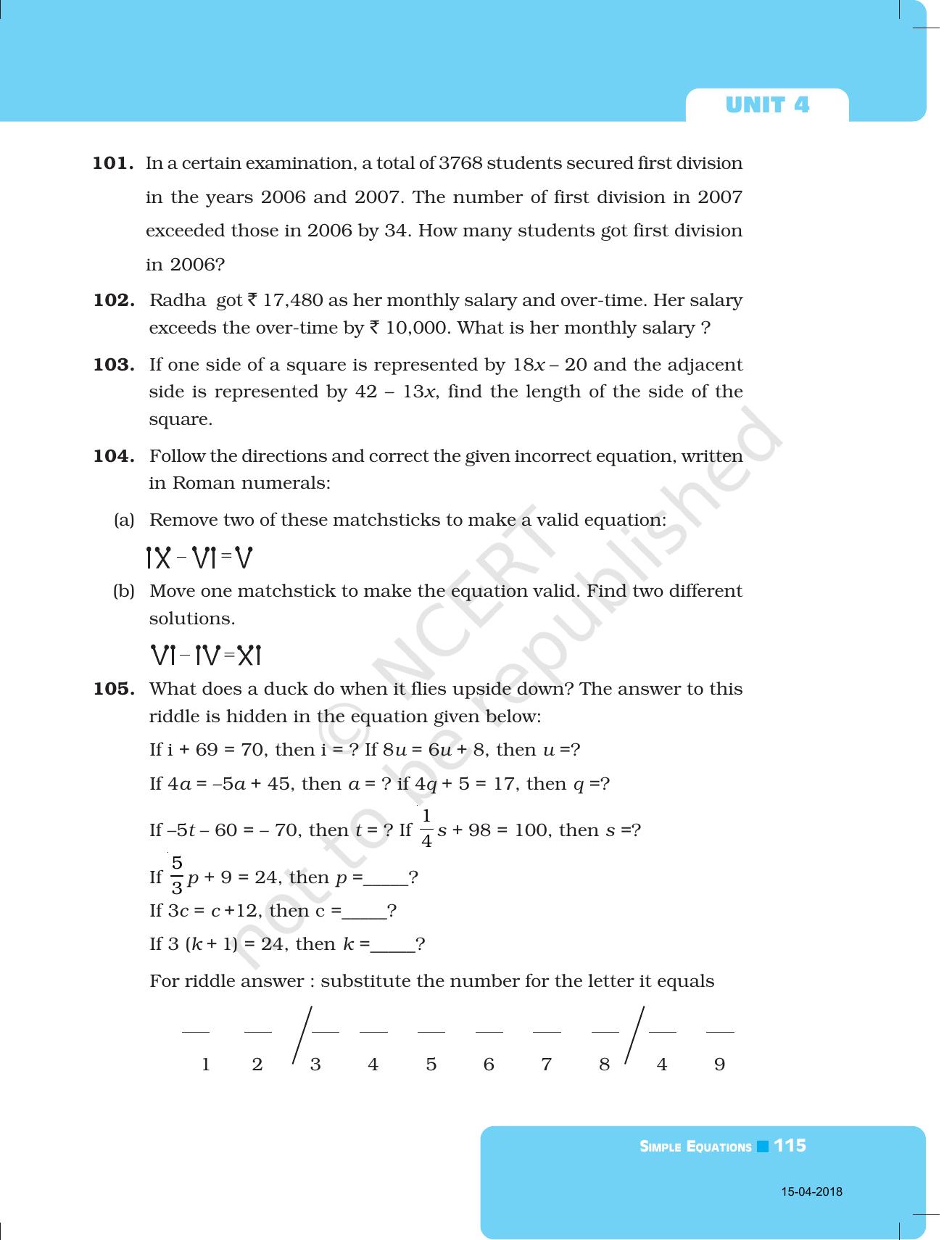 NCERT Exemplar Book for Class 7 Maths Chapter 4- Simple Equations