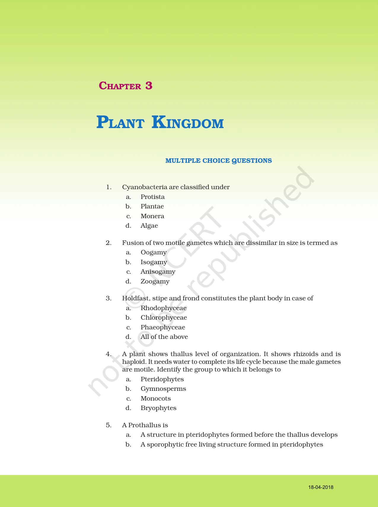 NCERT Exemplar Book for Class 11 Biology Chapter 3 Plant Kingdom