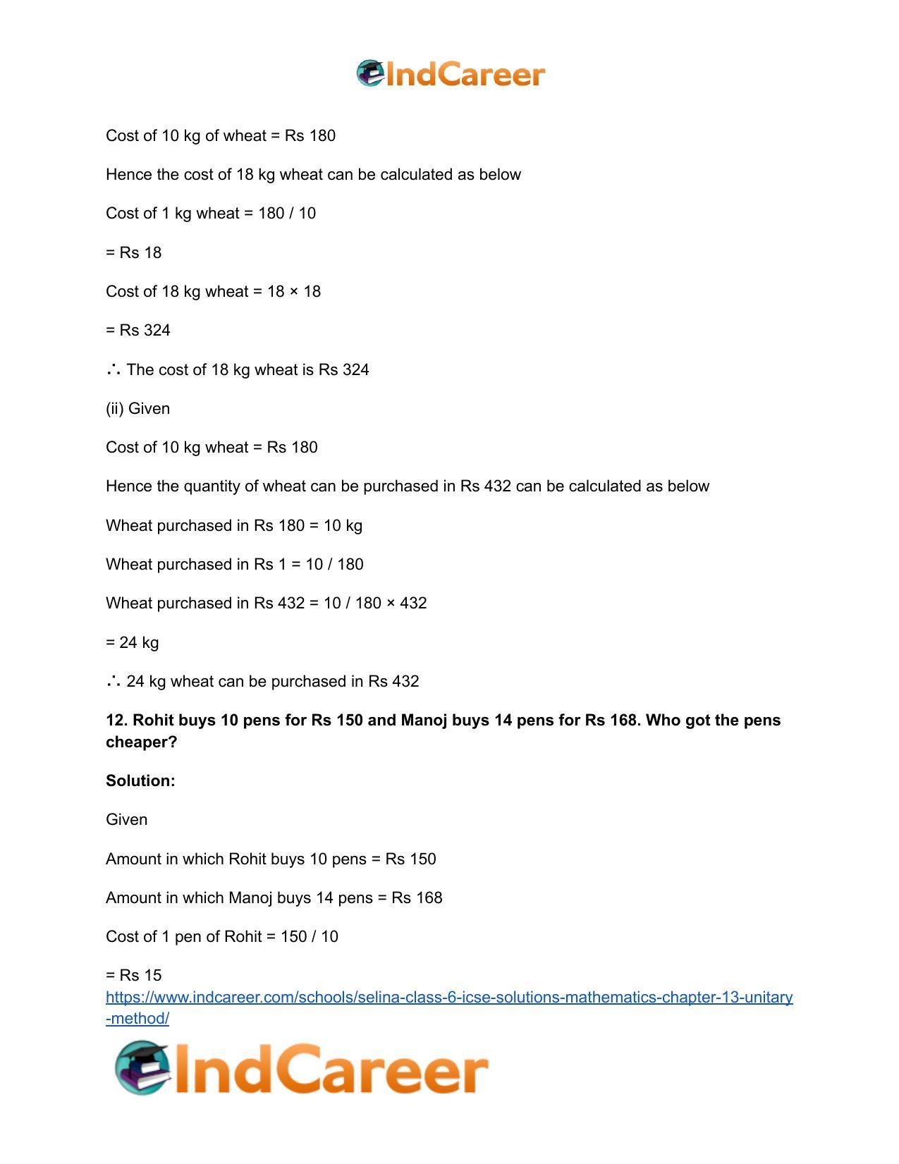Selina Class 6 ICSE Solutions Mathematics : Chapter 13- Unitary Method ...
