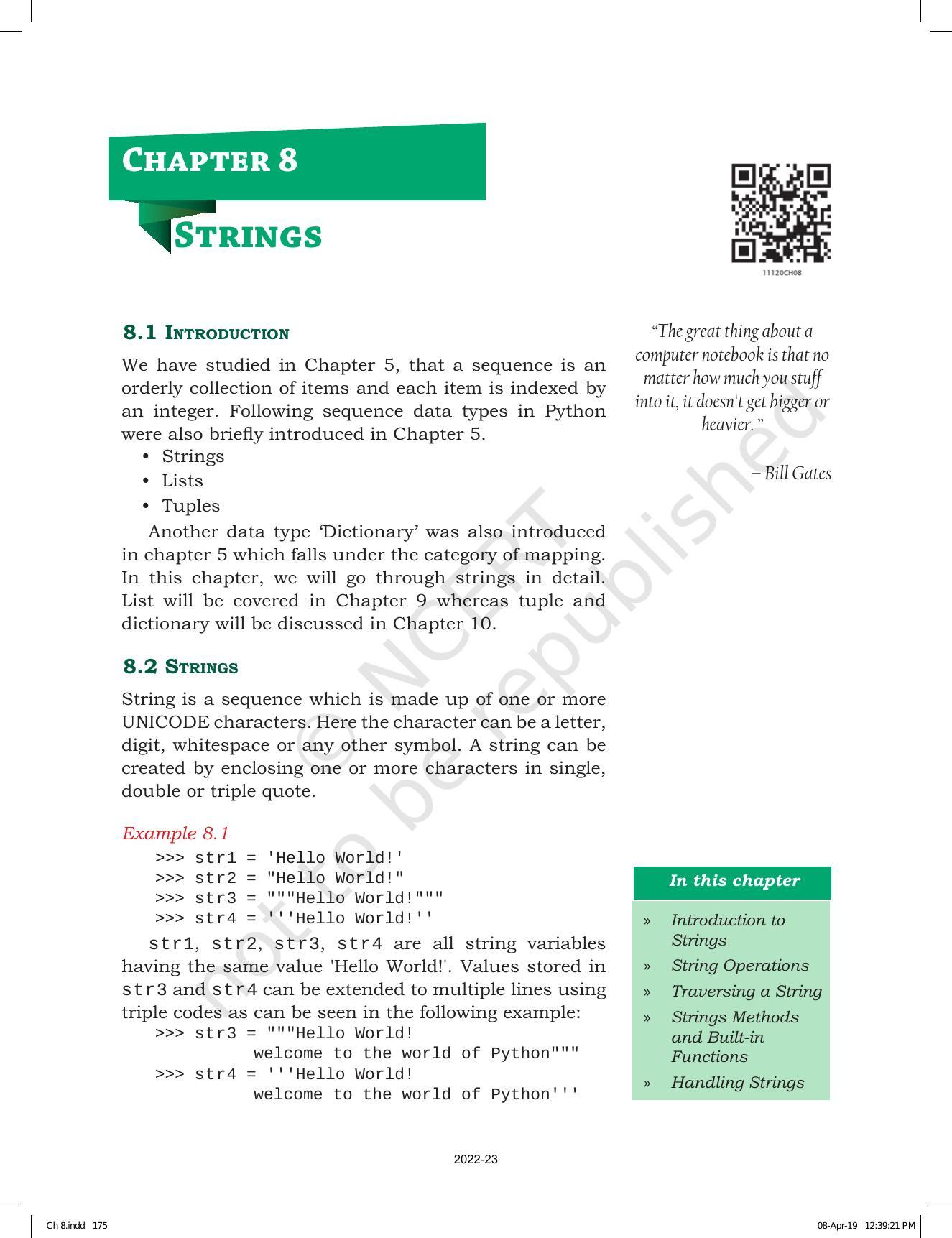 Ncert Book For Class 11 Computer Science Chapter 8 Strings