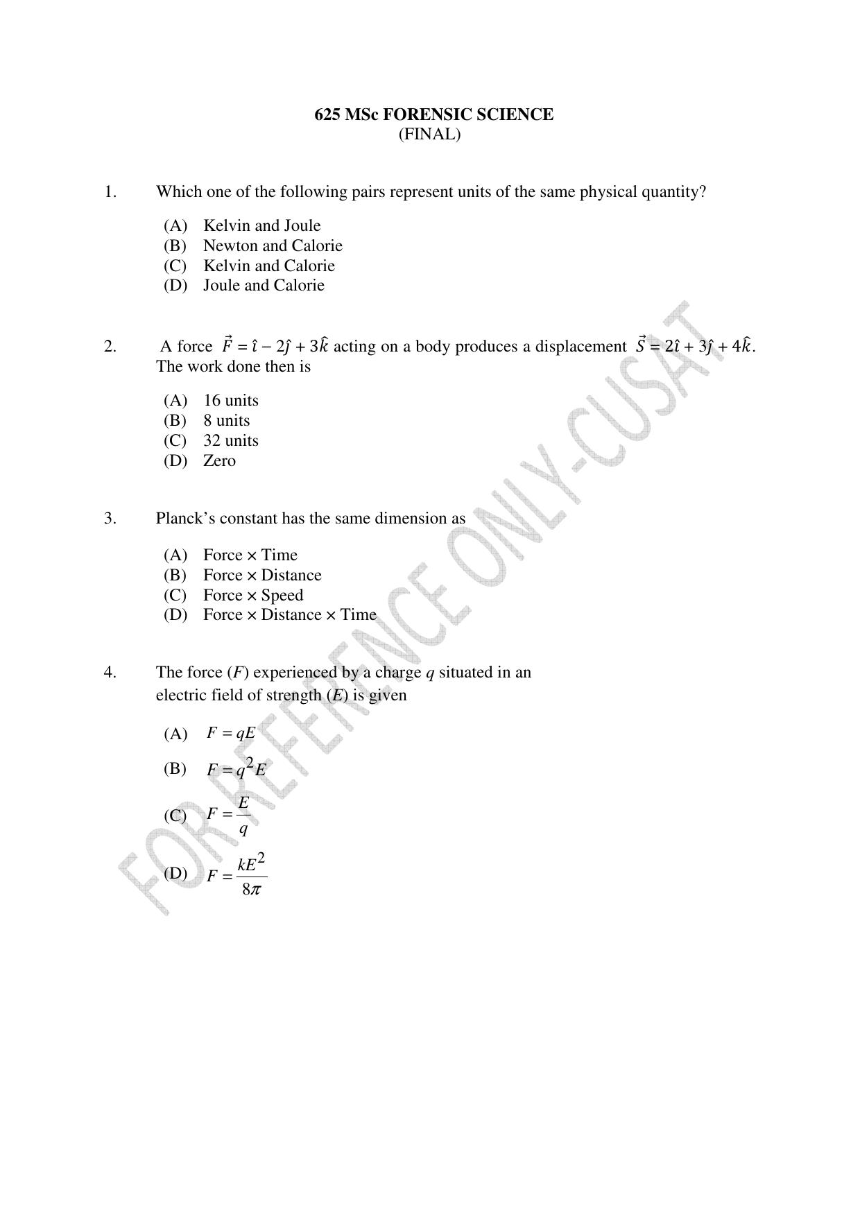 CUSAT CAT 2022 MSc Forensic Science Question Paper - IndCareer Docs