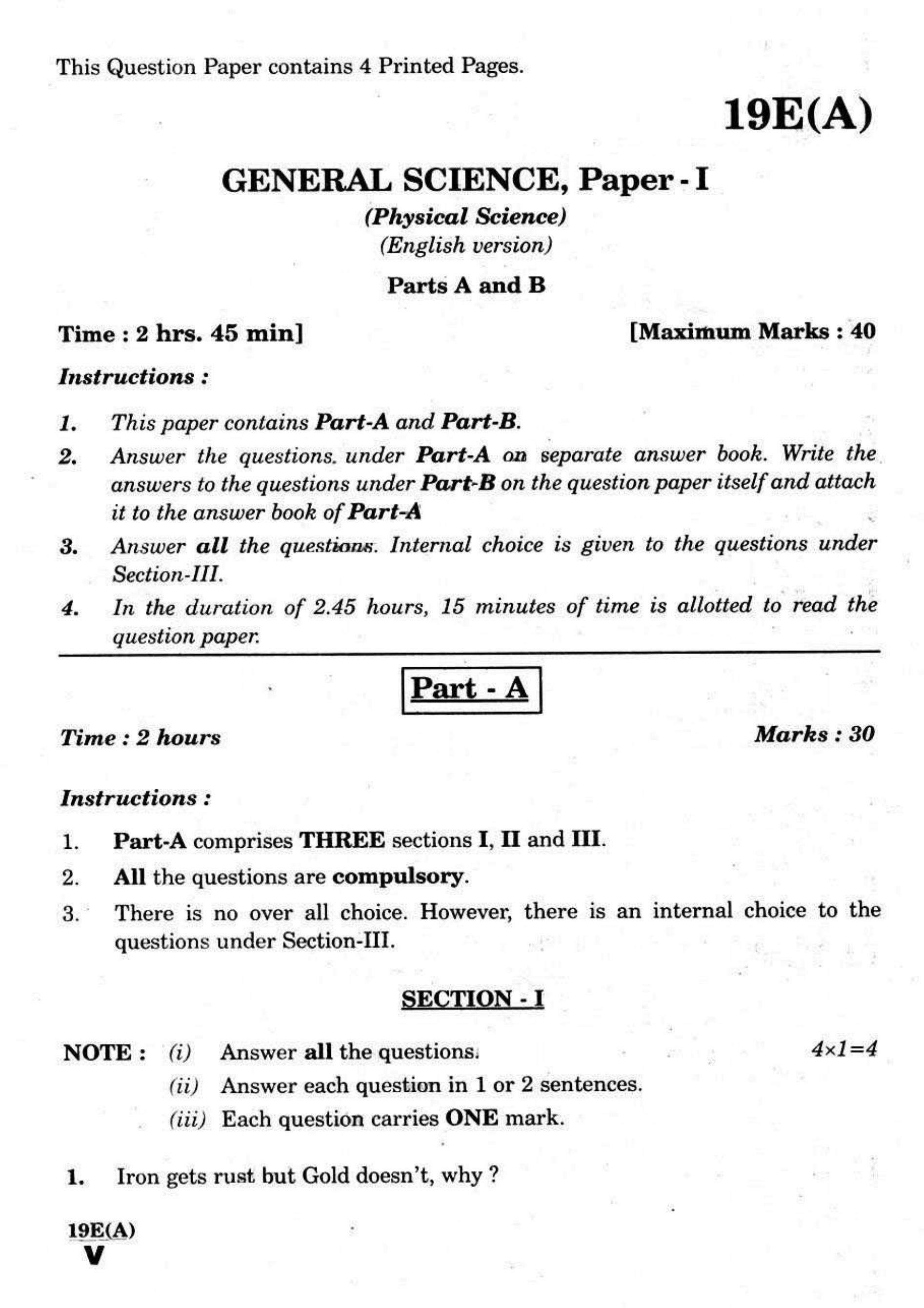 AP Class 10 Science (Paper I) 2018 Question Paper - IndCareer Docs