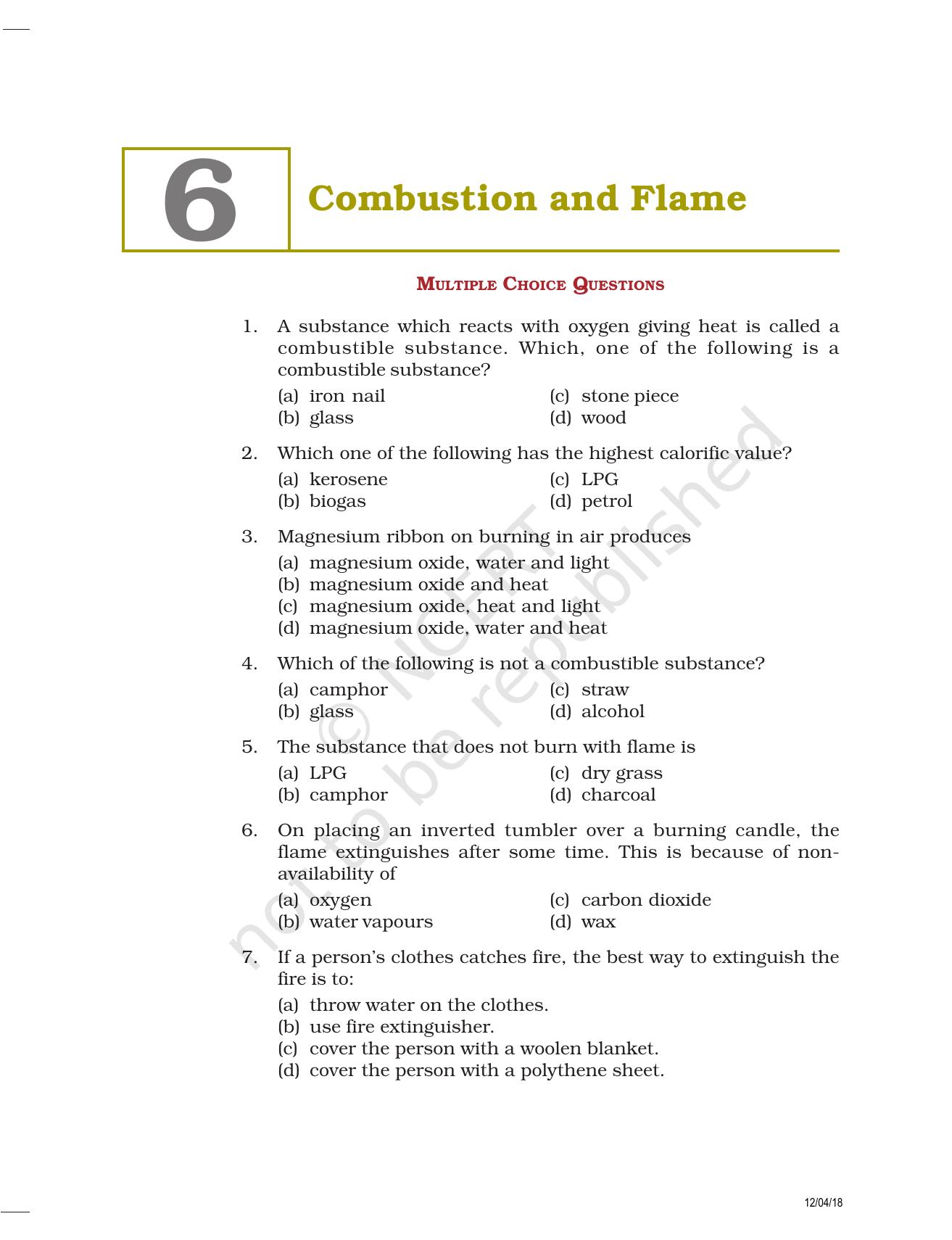 NCERT Exemplar Book for Class 8 Science Chapter 6- Combustion and Flame