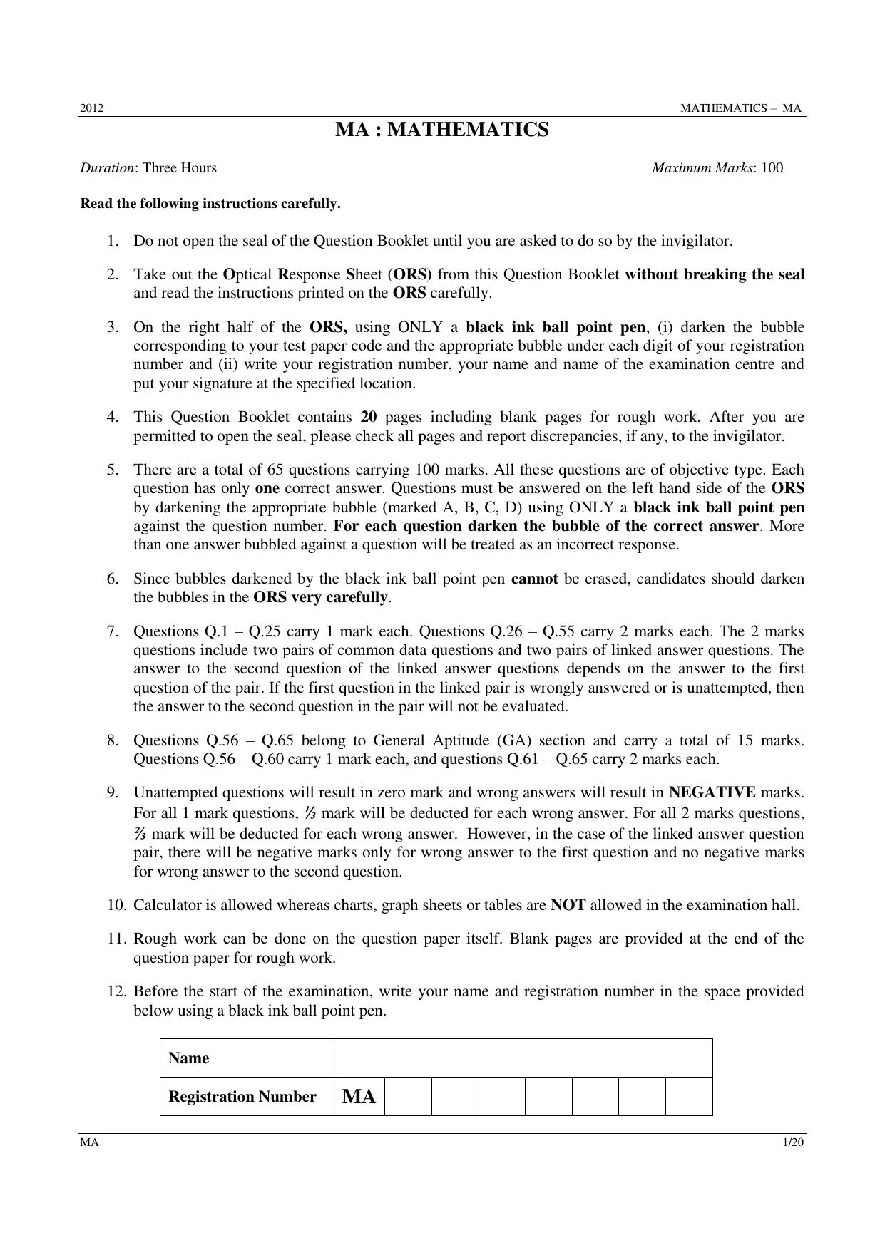 GATE 2012 Mathematics (MA) Question Paper with Answer Key - IndCareer Docs