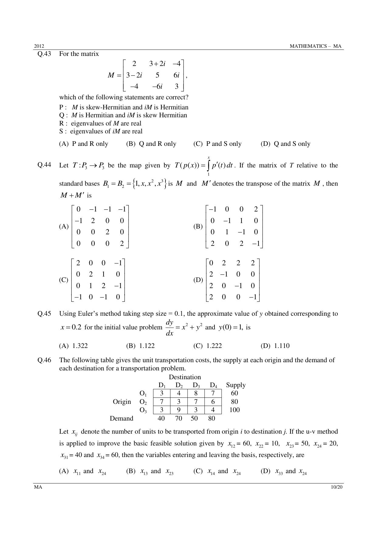 GATE 2012 Mathematics (MA) Question Paper with Answer Key - IndCareer Docs