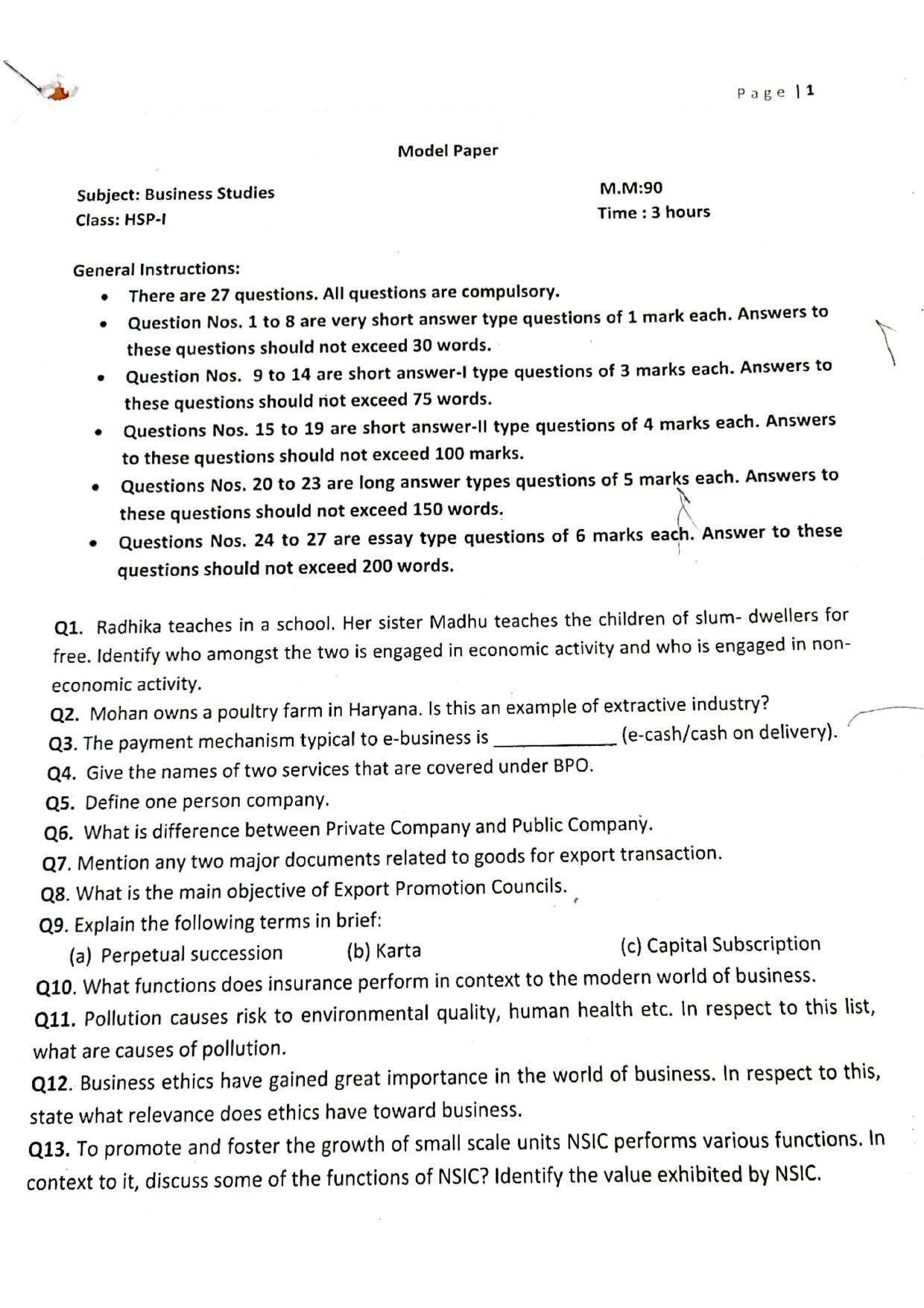 JKBOSE Class 11 Business Studies Model Question Paper 2023 - IndCareer Docs
