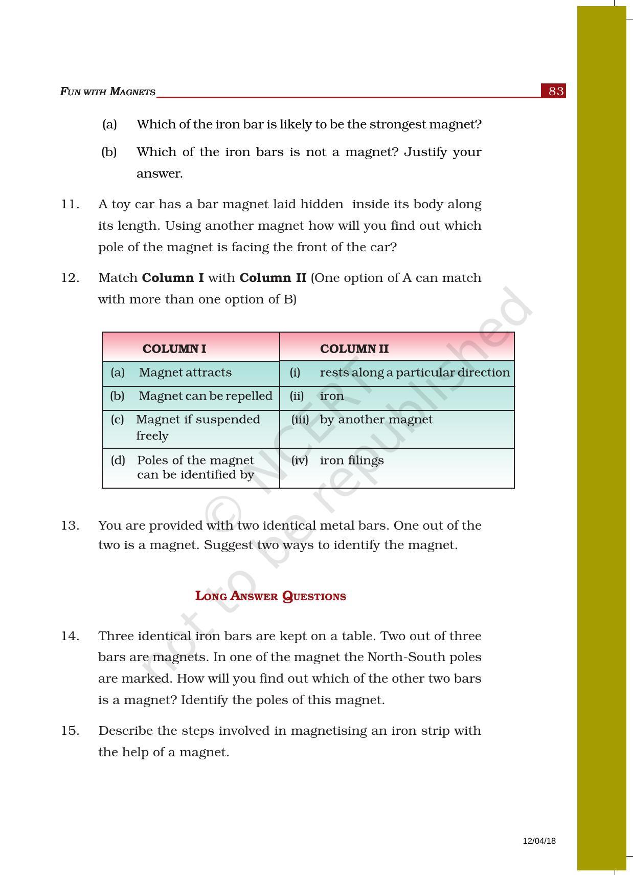 NCERT Exemplar Book for Class 6 Science Chapter 13-Fun with Magnets