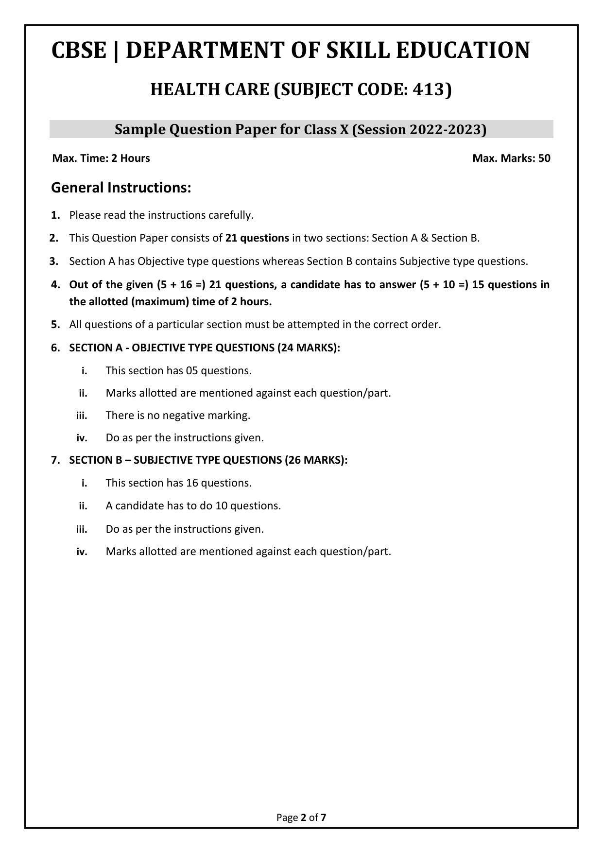 CBSE Class 10 Health Care Sample Paper - IndCareer Schools