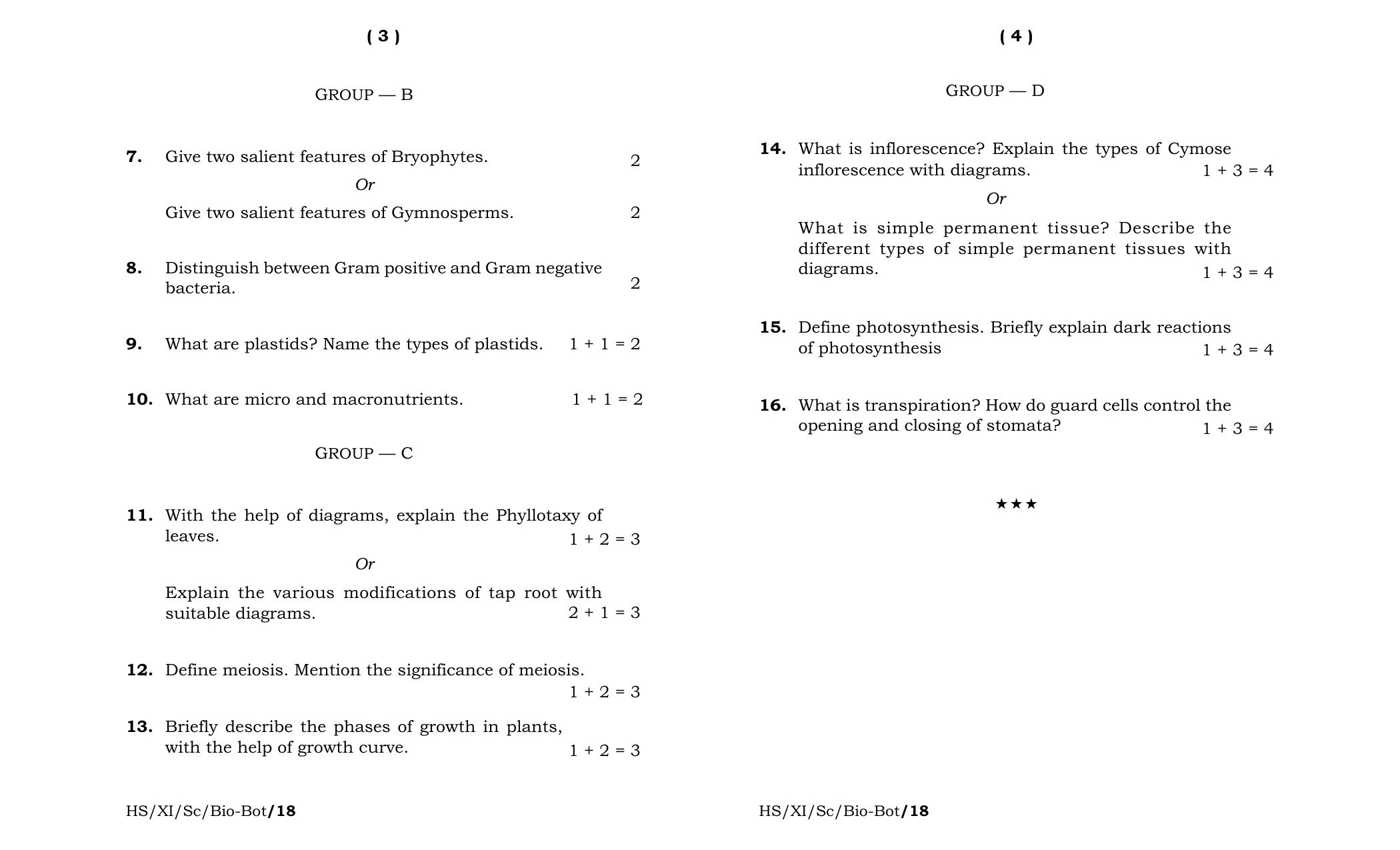 Meghalaya Board (MBOSE) Class 11 Bio-Botany 2018 Question Paper ...