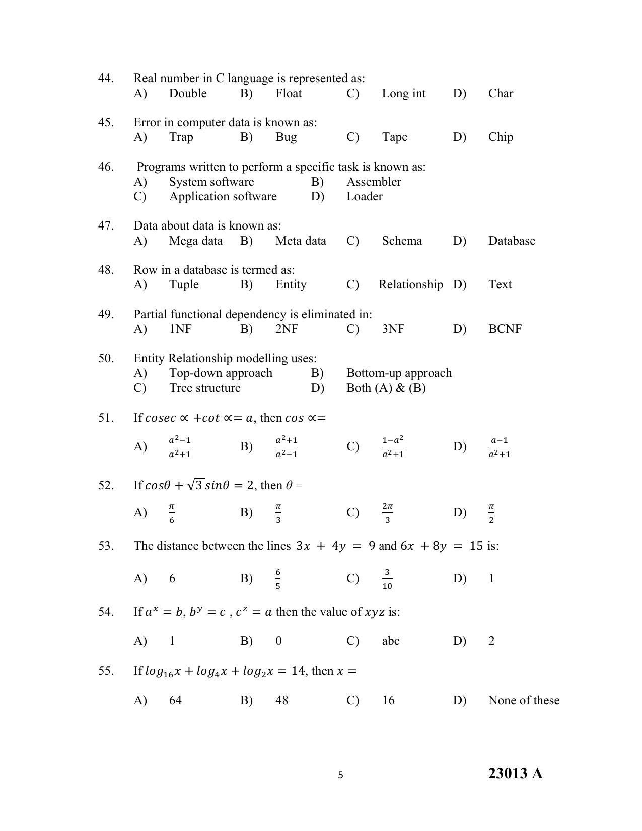 LBS Kerala MCA Entrance Test 2023 Question Paper - IndCareer Docs