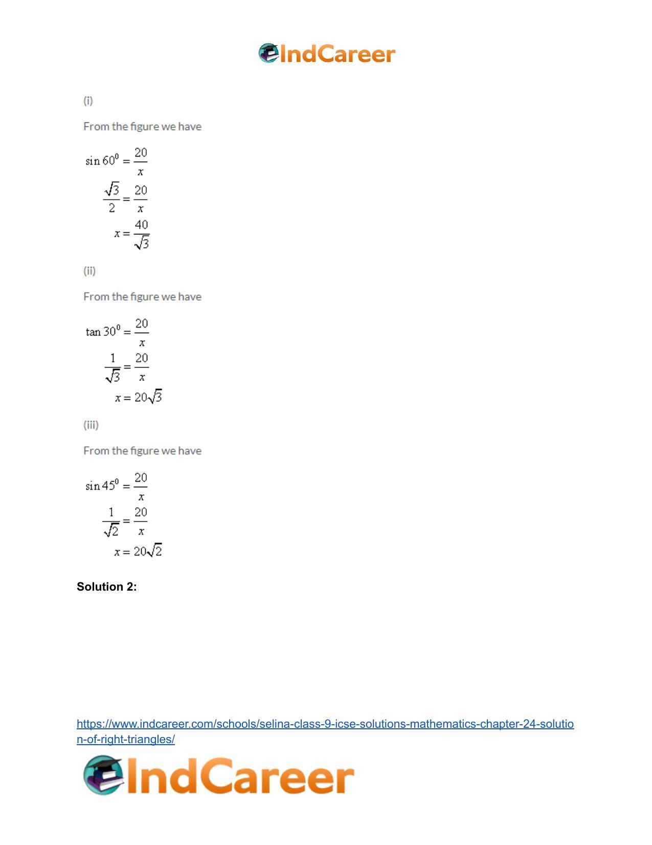 Selina Class 9 ICSE Solutions Mathematics : Chapter 24- Solution of Right Triangles - IndCareer Docs