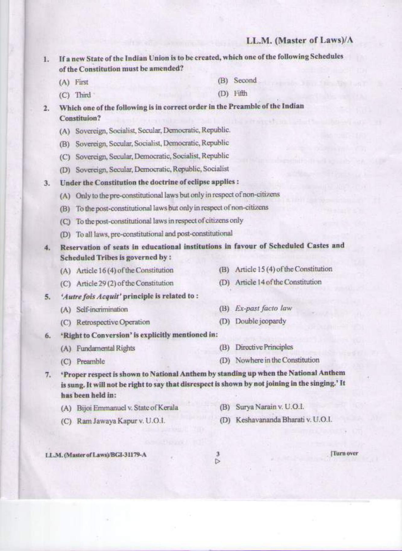 PU CET PG 2015: LLM Question Paper - IndCareer Docs