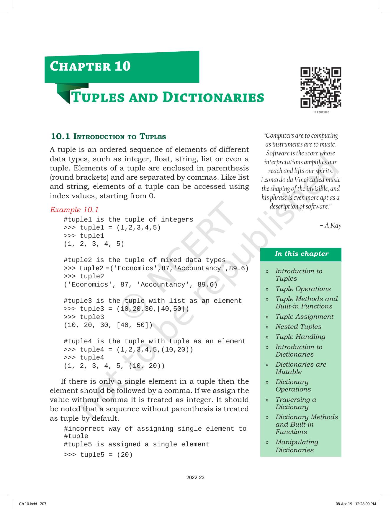 Ncert Book For Class 11 Computer Science Chapter 10 Tuples And