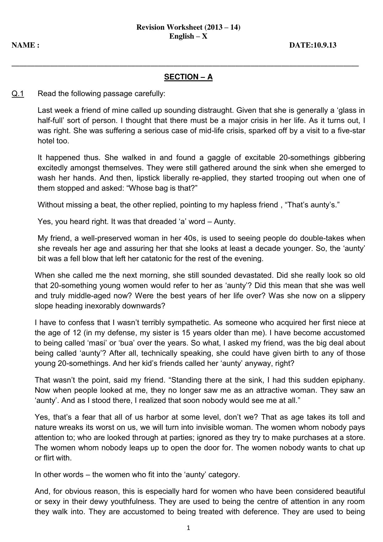 CBSE Worksheets for Class 10 English Assignment 23 - IndCareer Docs