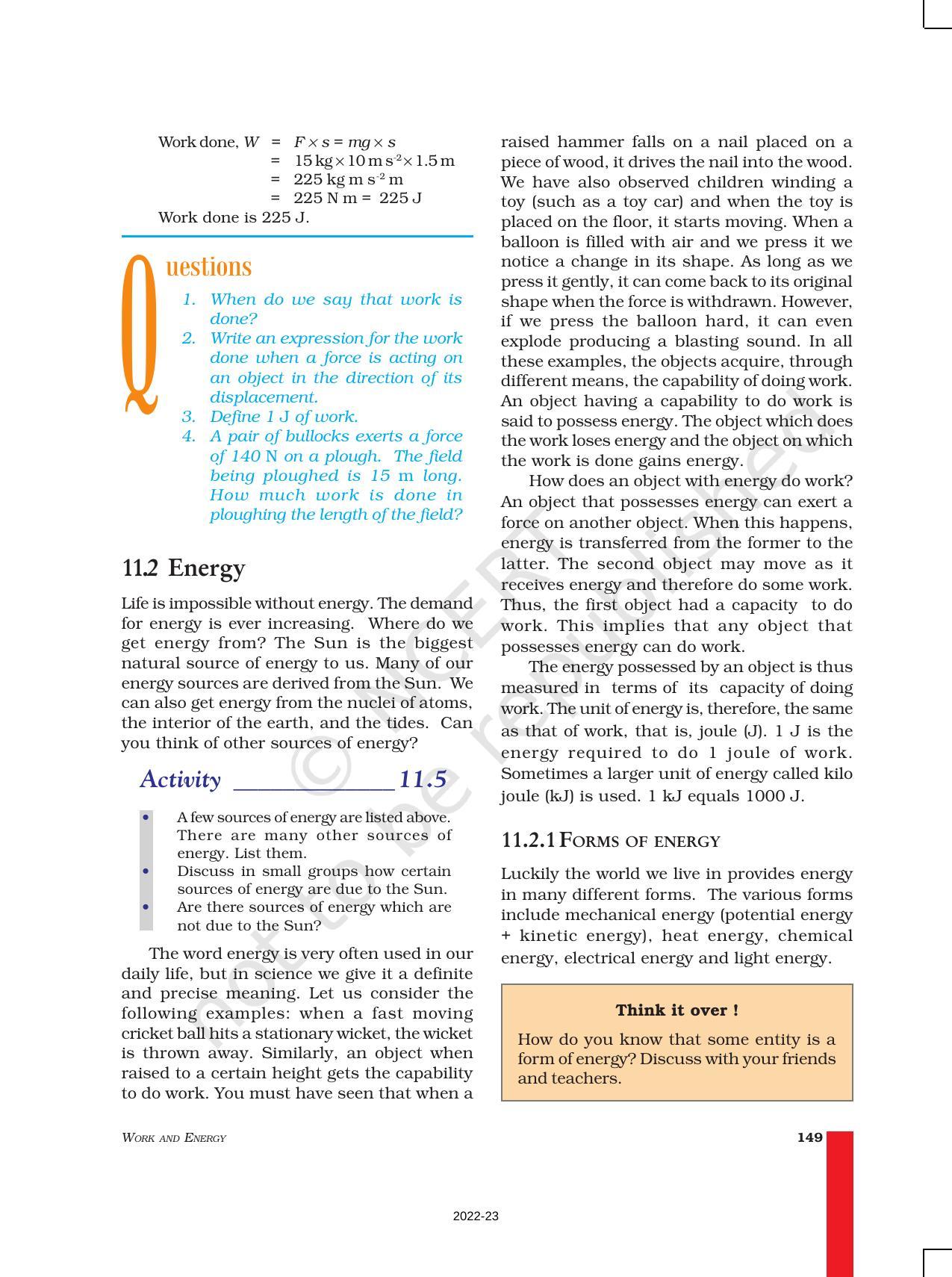 NCERT Book for Class 9 Science Chapter 11 Work and Energy