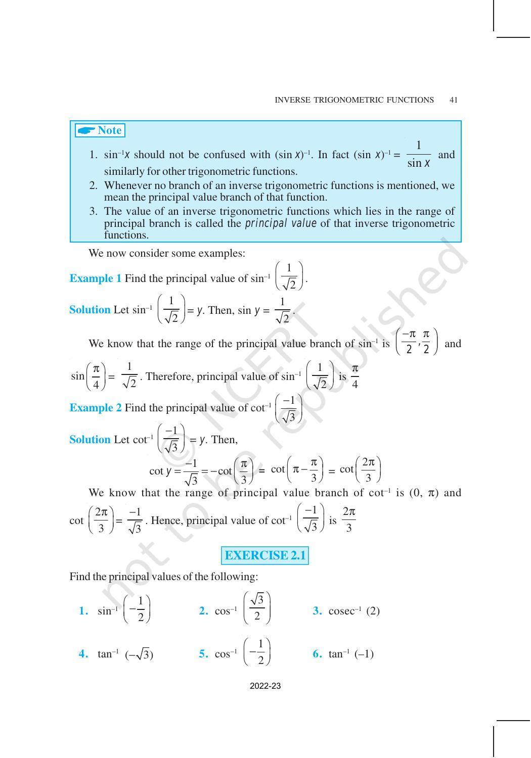 NCERT Book for Class 12 Maths Chapter 2 Inverse Trigonometric Functions ...