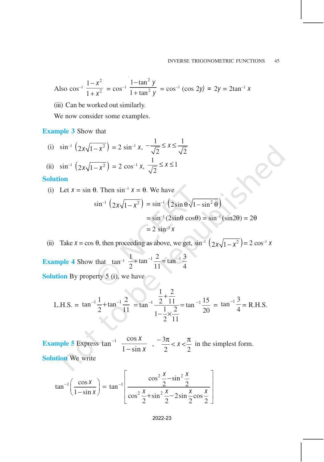 NCERT Book for Class 12 Maths Chapter 2 Inverse Trigonometric Functions ...