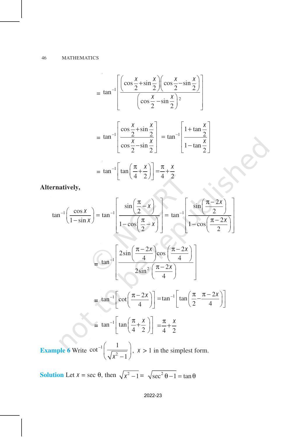 NCERT Book for Class 12 Maths Chapter 2 Inverse Trigonometric Functions ...
