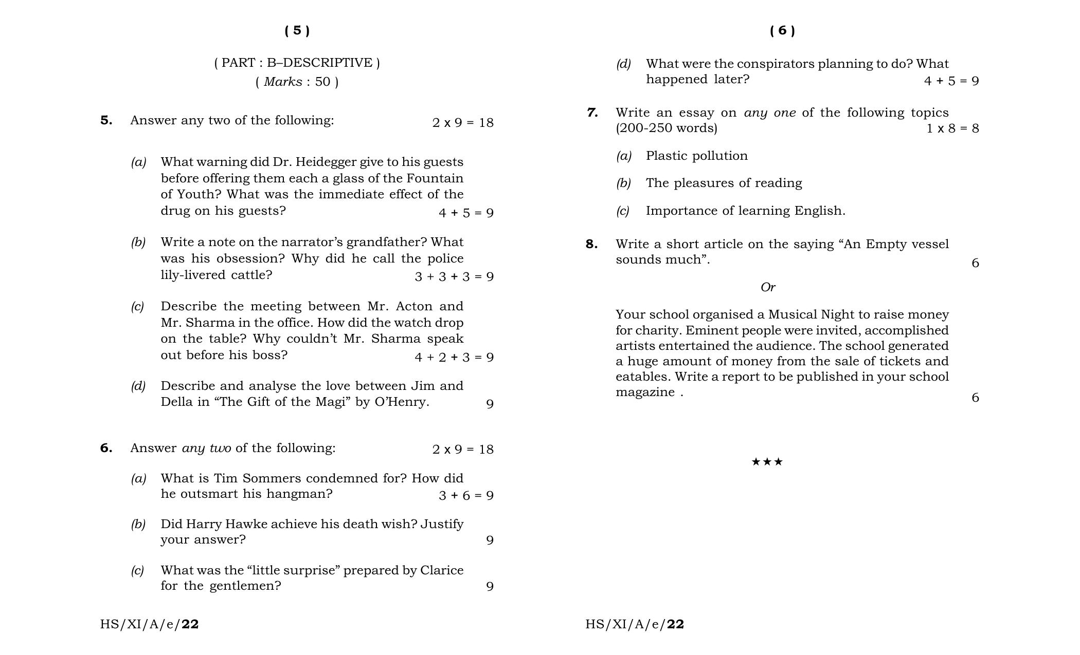 Meghalaya Board (MBOSE) Class 11 Elective English (theory) 2022 ...