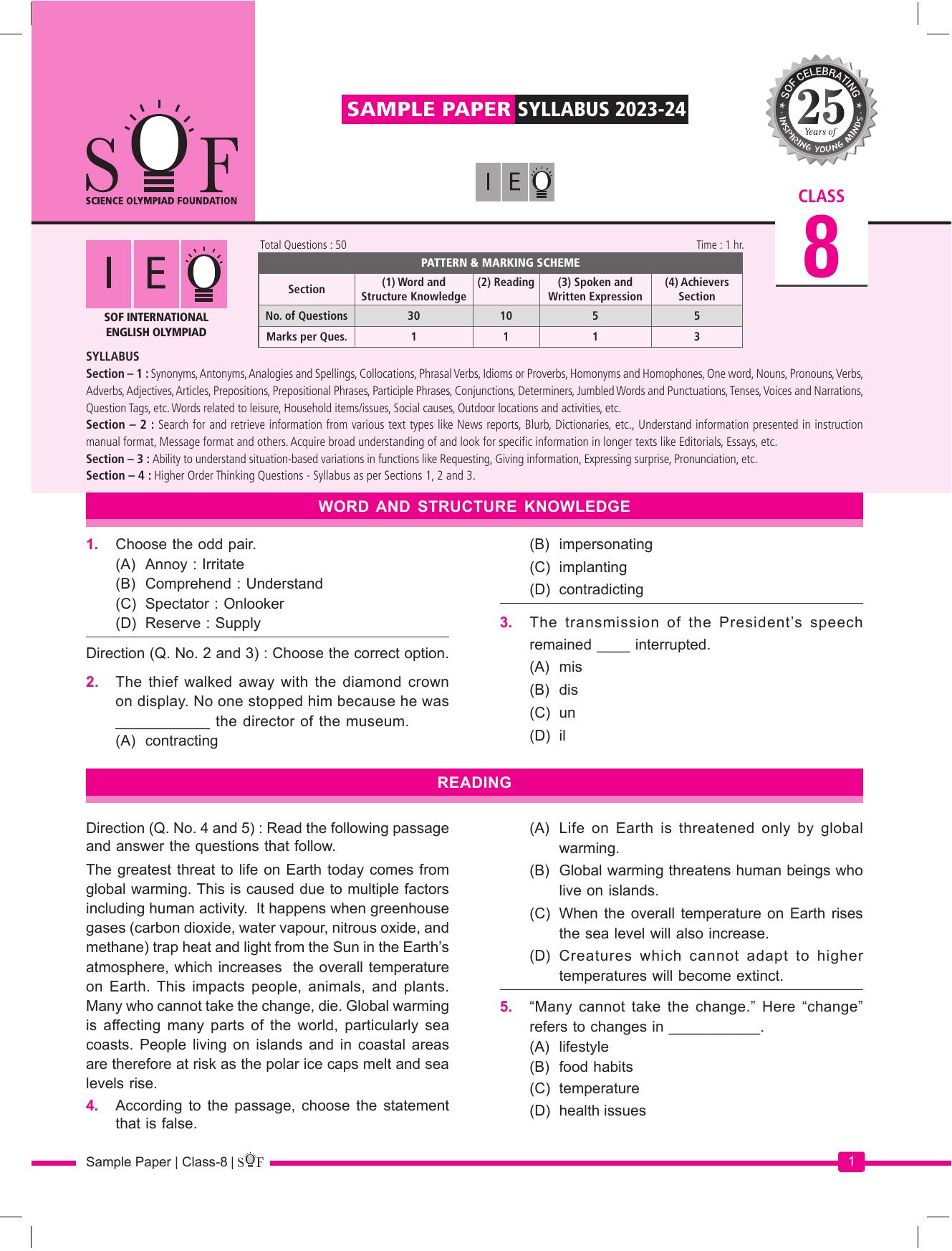 SOF IEO Class 8 (2023-2024) Sample Paper - IndCareer Docs