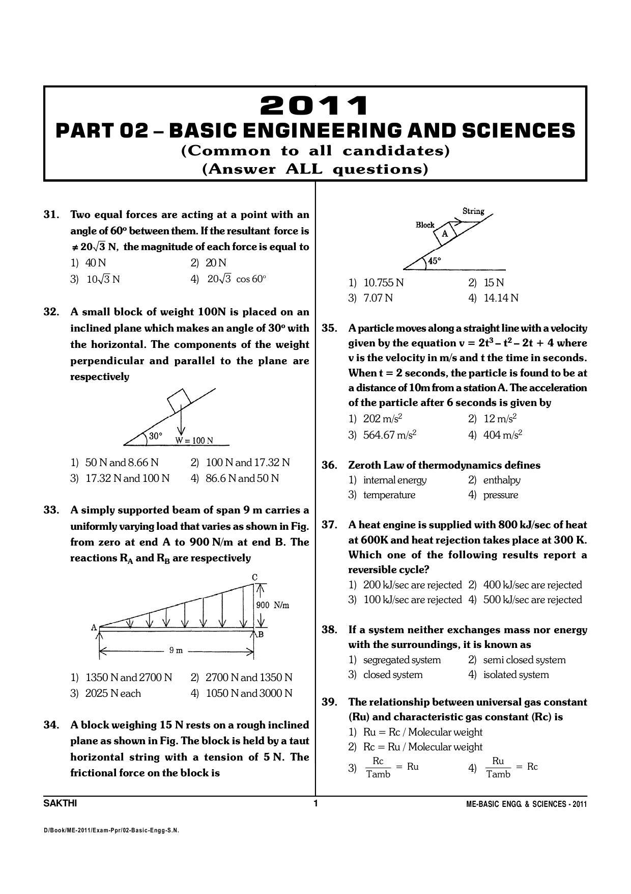TANCET Basic Engineering and Sciences Question Papers 2011 - IndCareer Docs